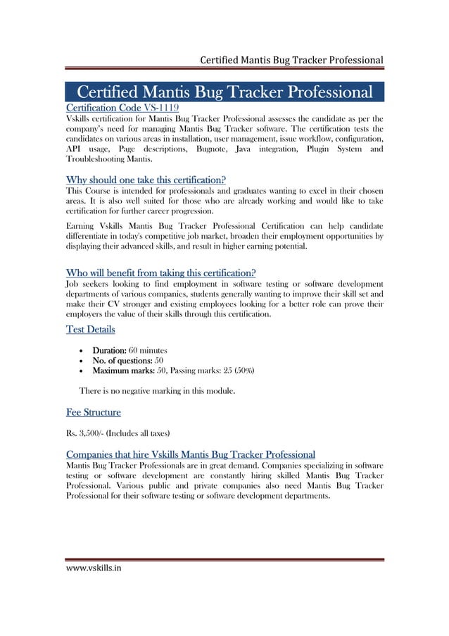 Mantis Bug Tracker Certification | PDF