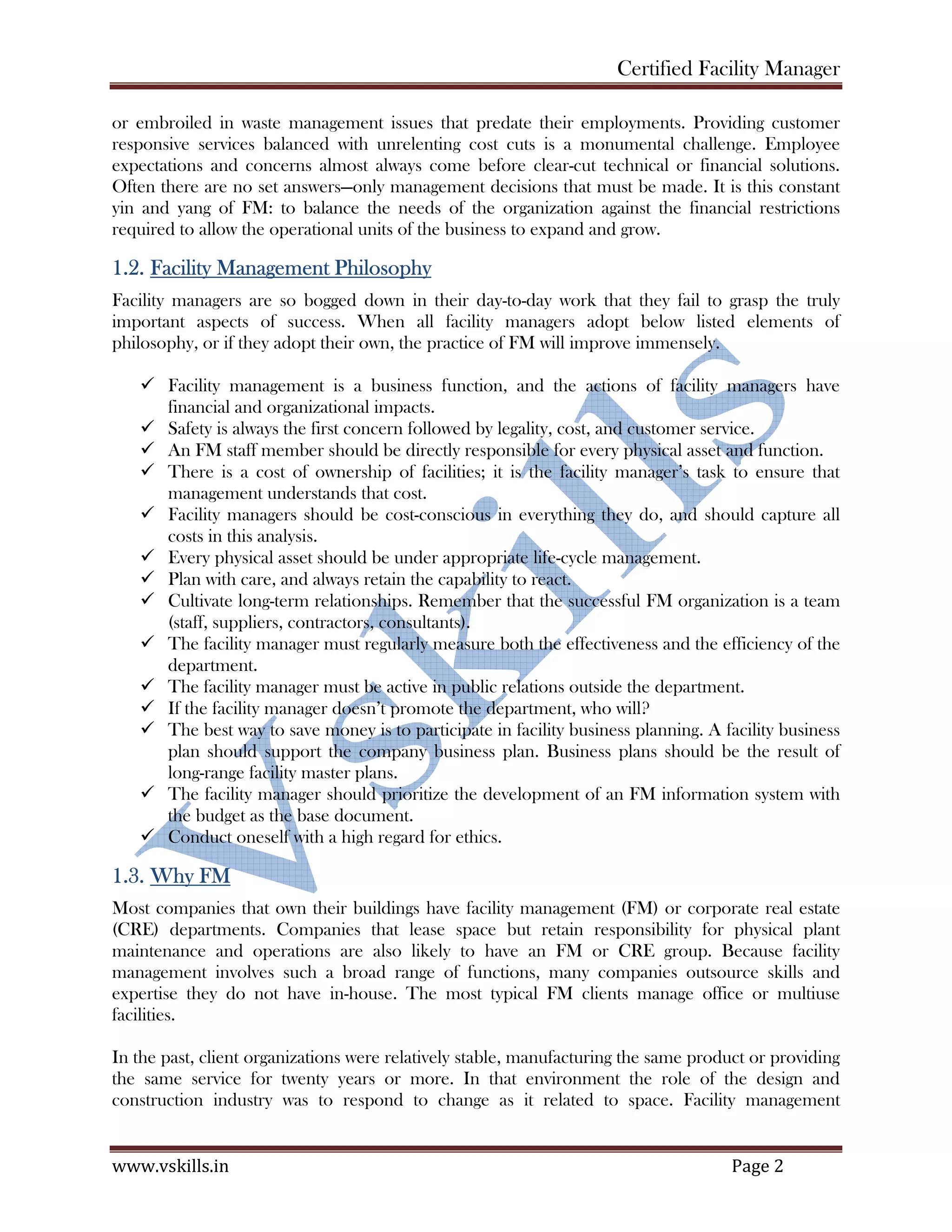 vskills facility management expert sample material | PDF