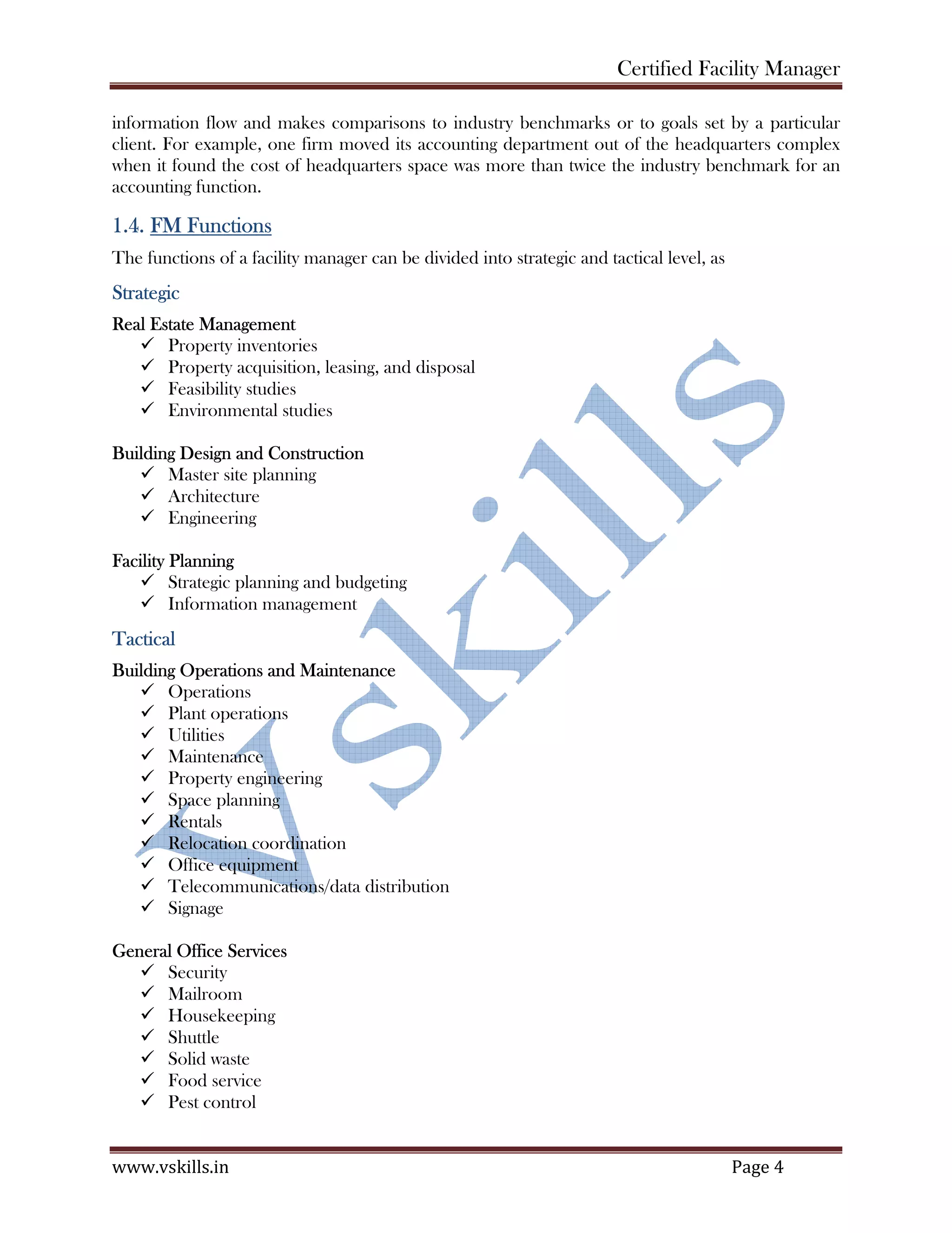 vskills facility management expert sample material | PDF