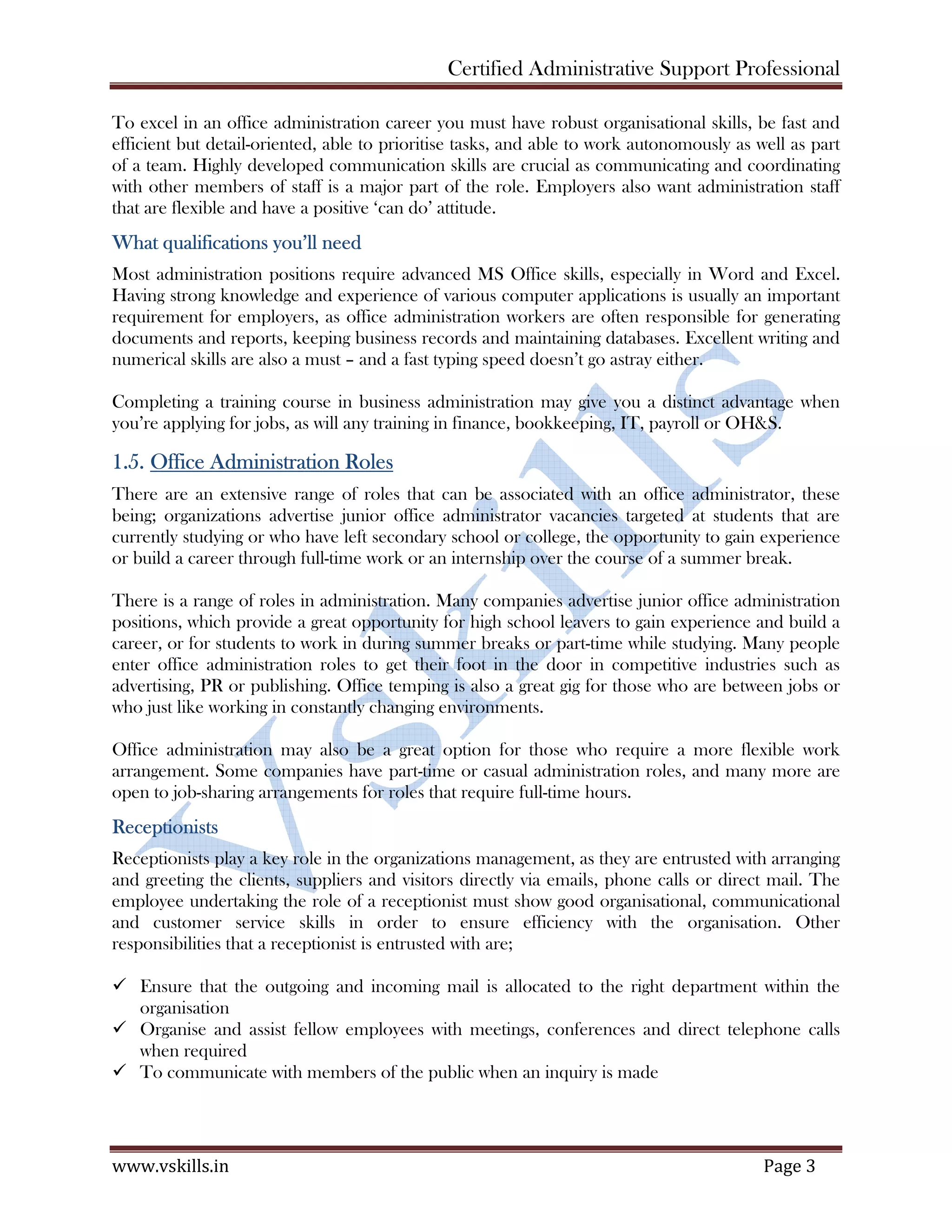 Vskills certified administrative support professional sample material | PDF