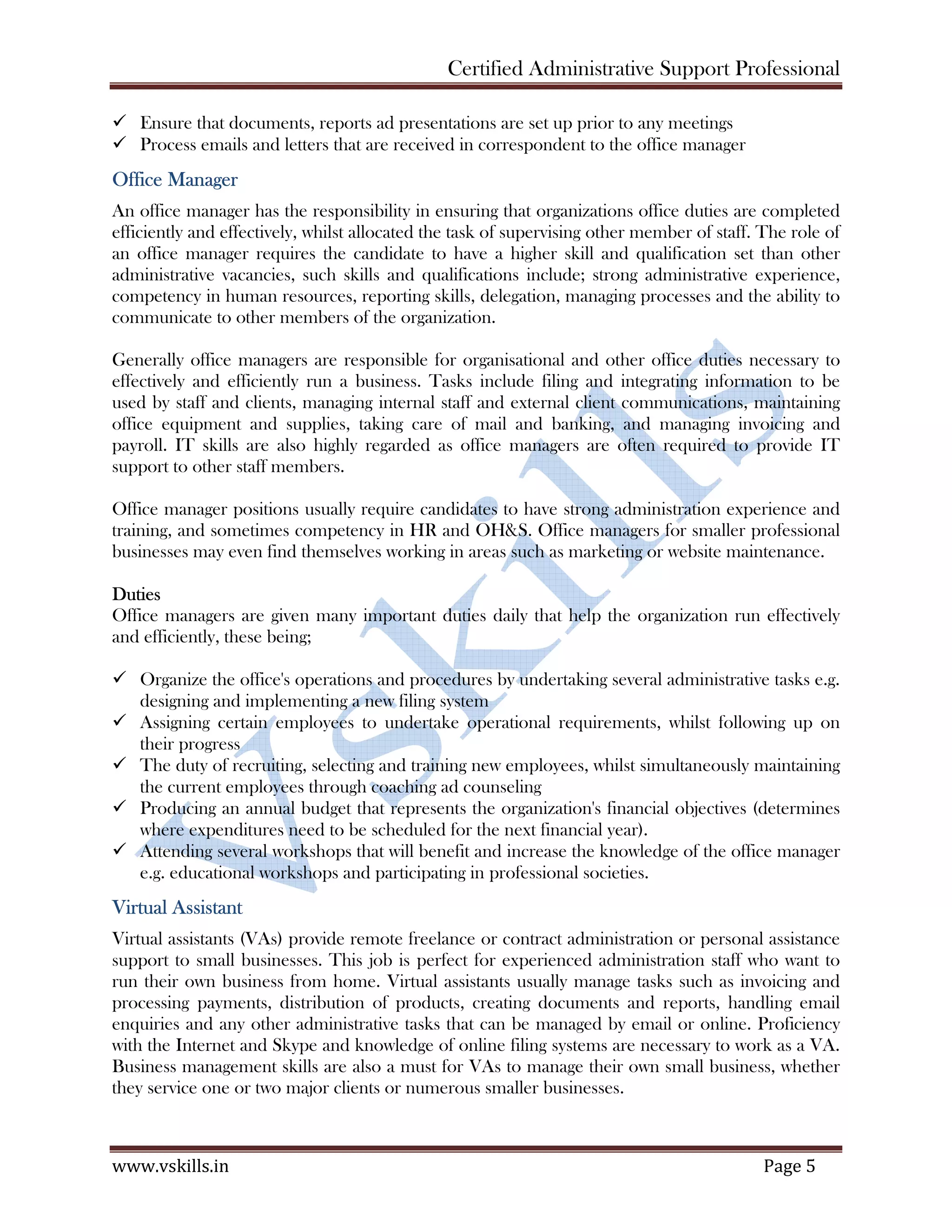 Vskills certified administrative support professional sample material | PDF