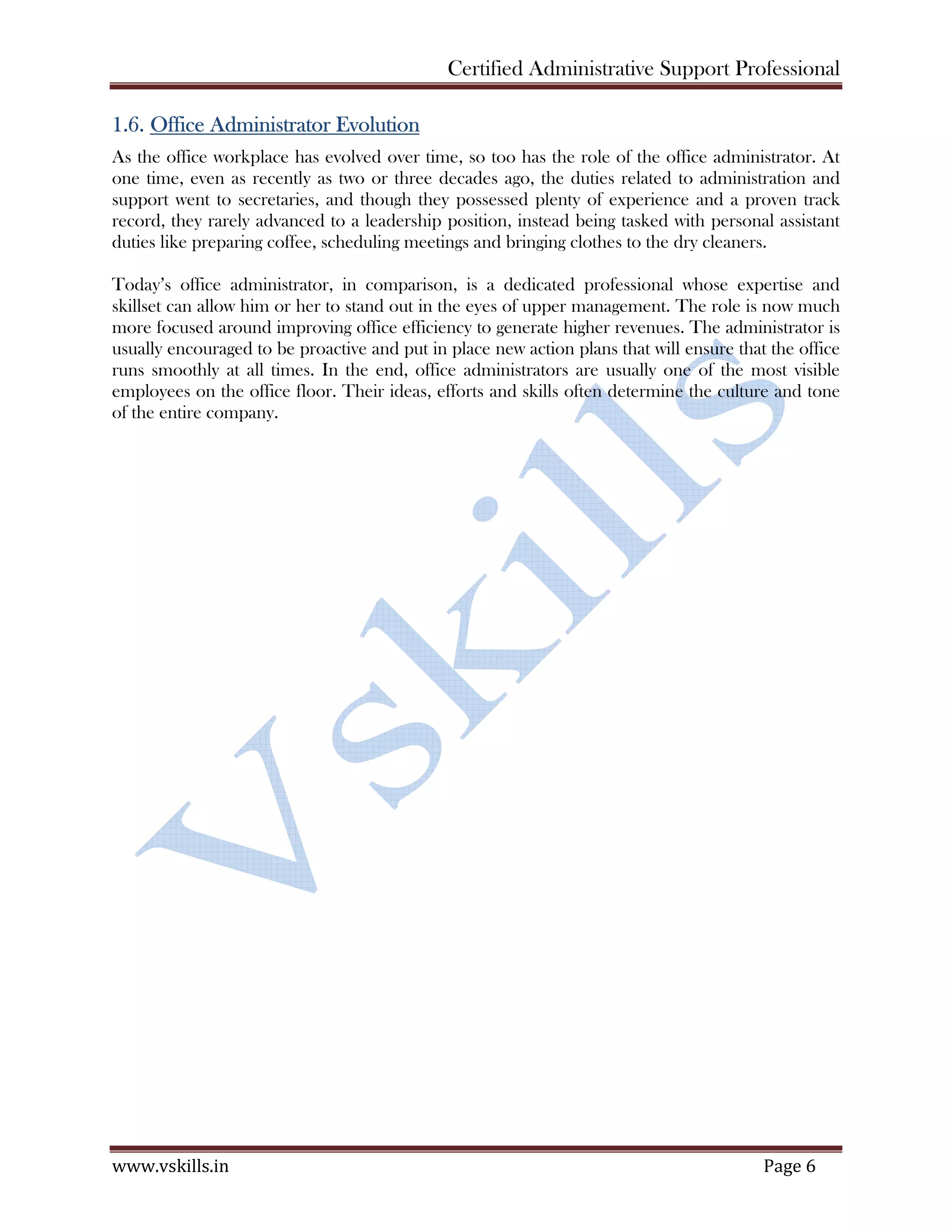 Vskills certified administrative support professional sample material | PDF