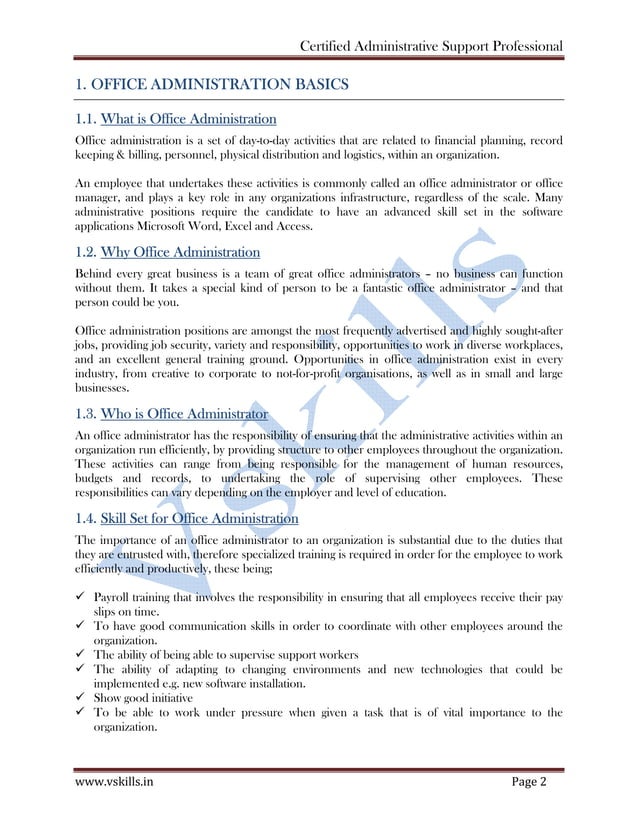 Vskills certified administrative support professional sample material | PDF