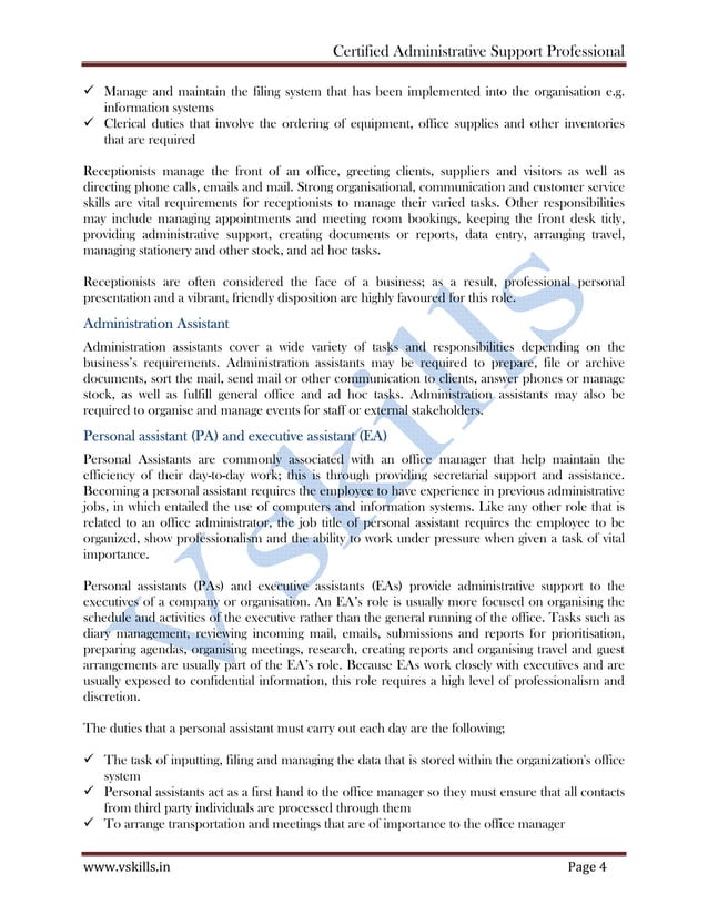 Vskills certified administrative support professional sample material | PDF