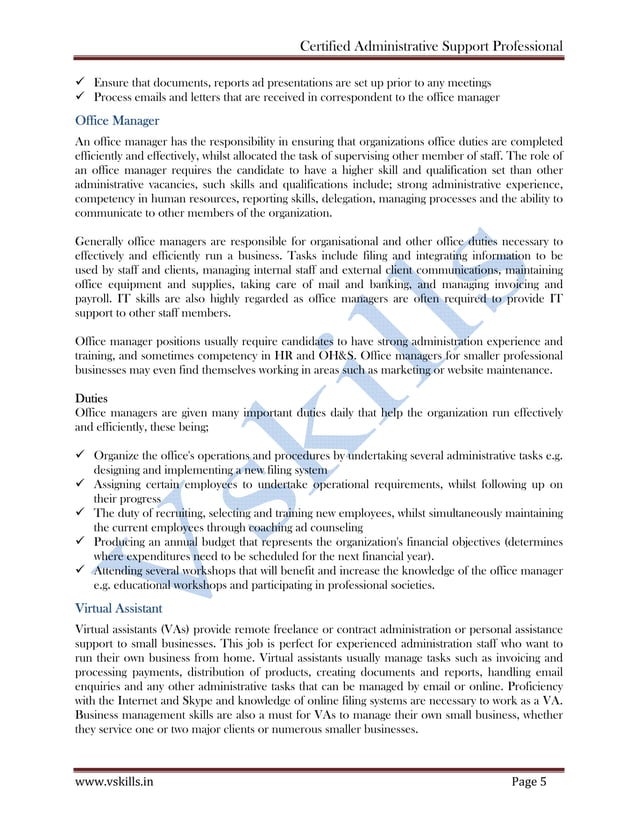 Vskills certified administrative support professional sample material | PDF