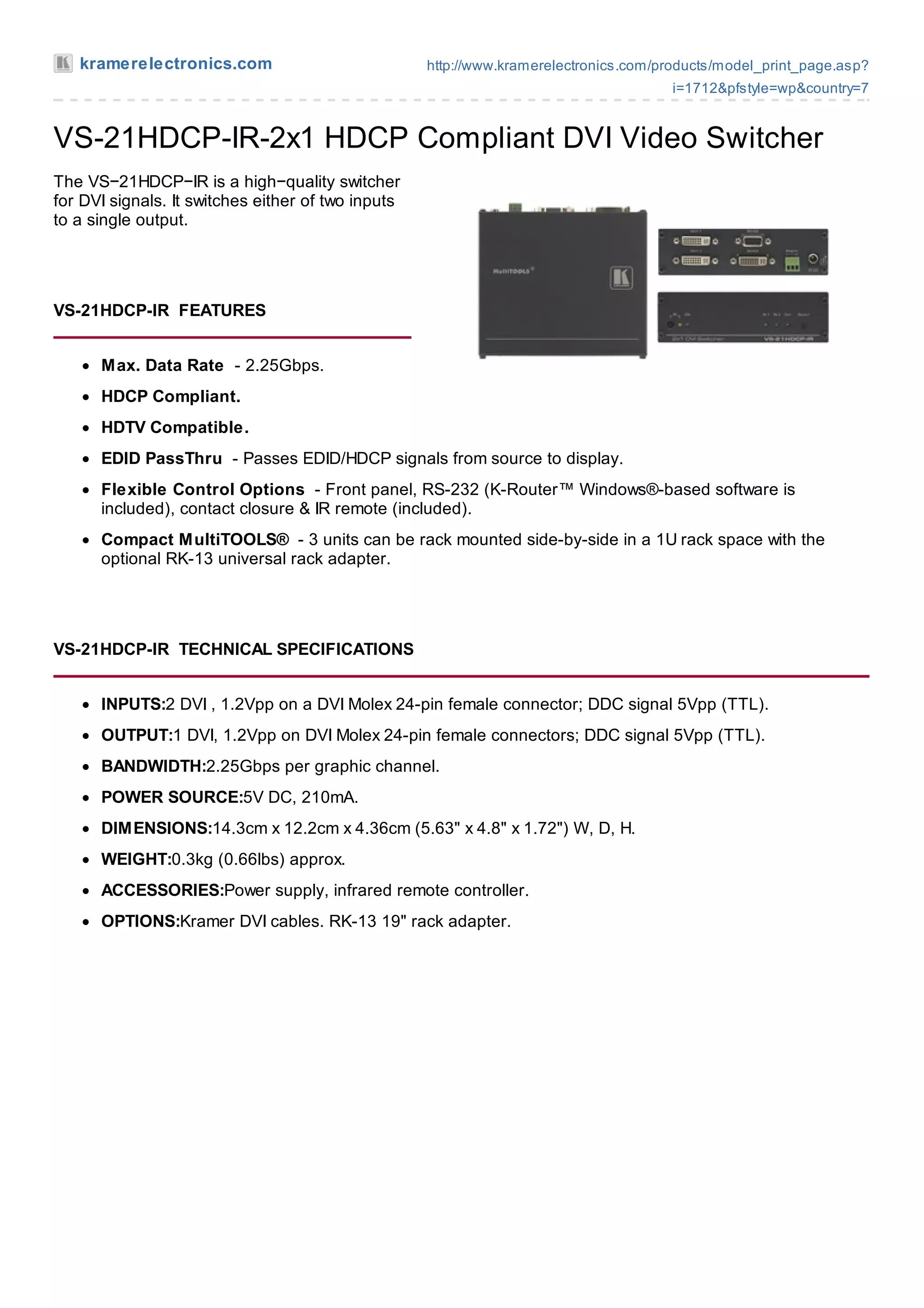Kramer VS-21HDCP-IR | PDF