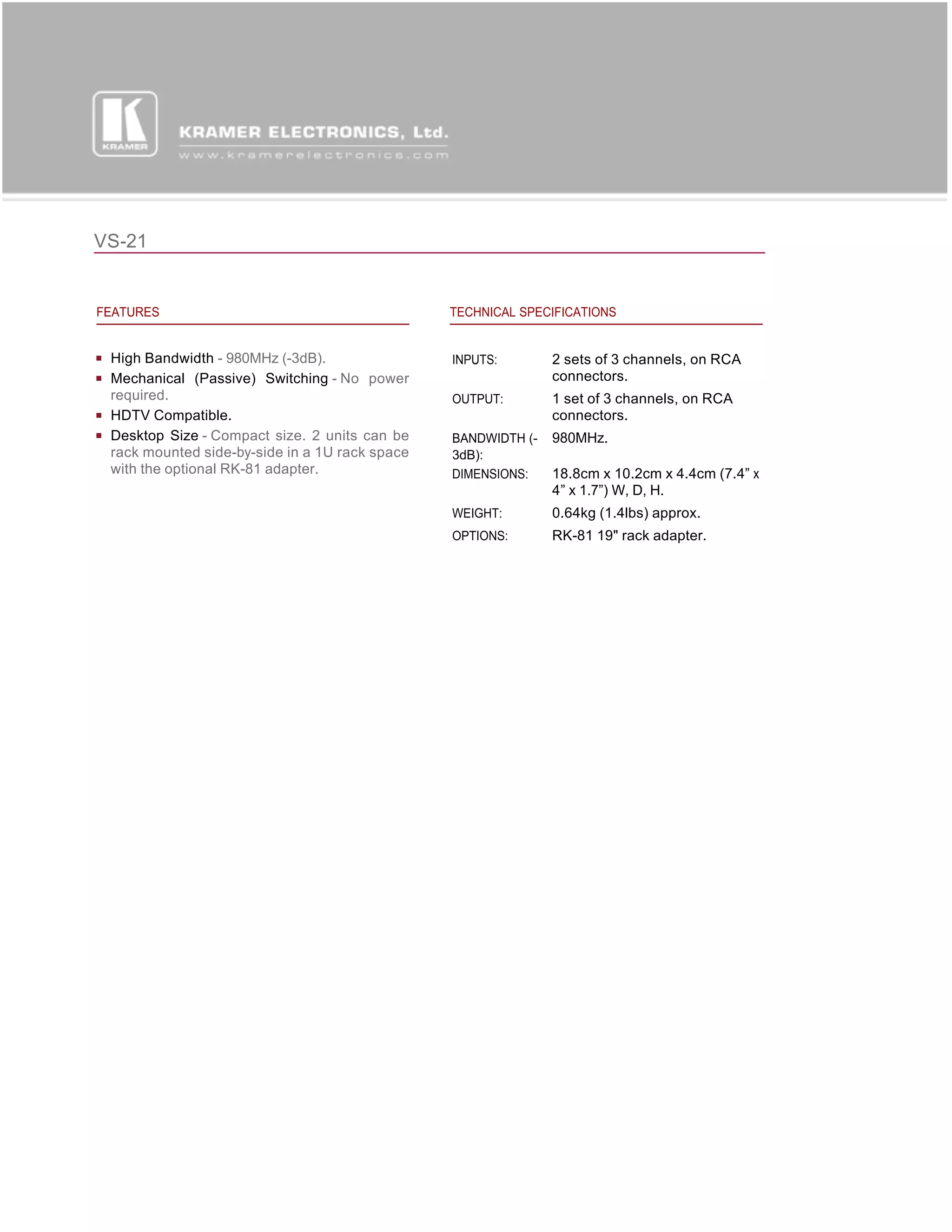 Kramer VS-21 | PDF | Consumer Electronics | Technology & Computing