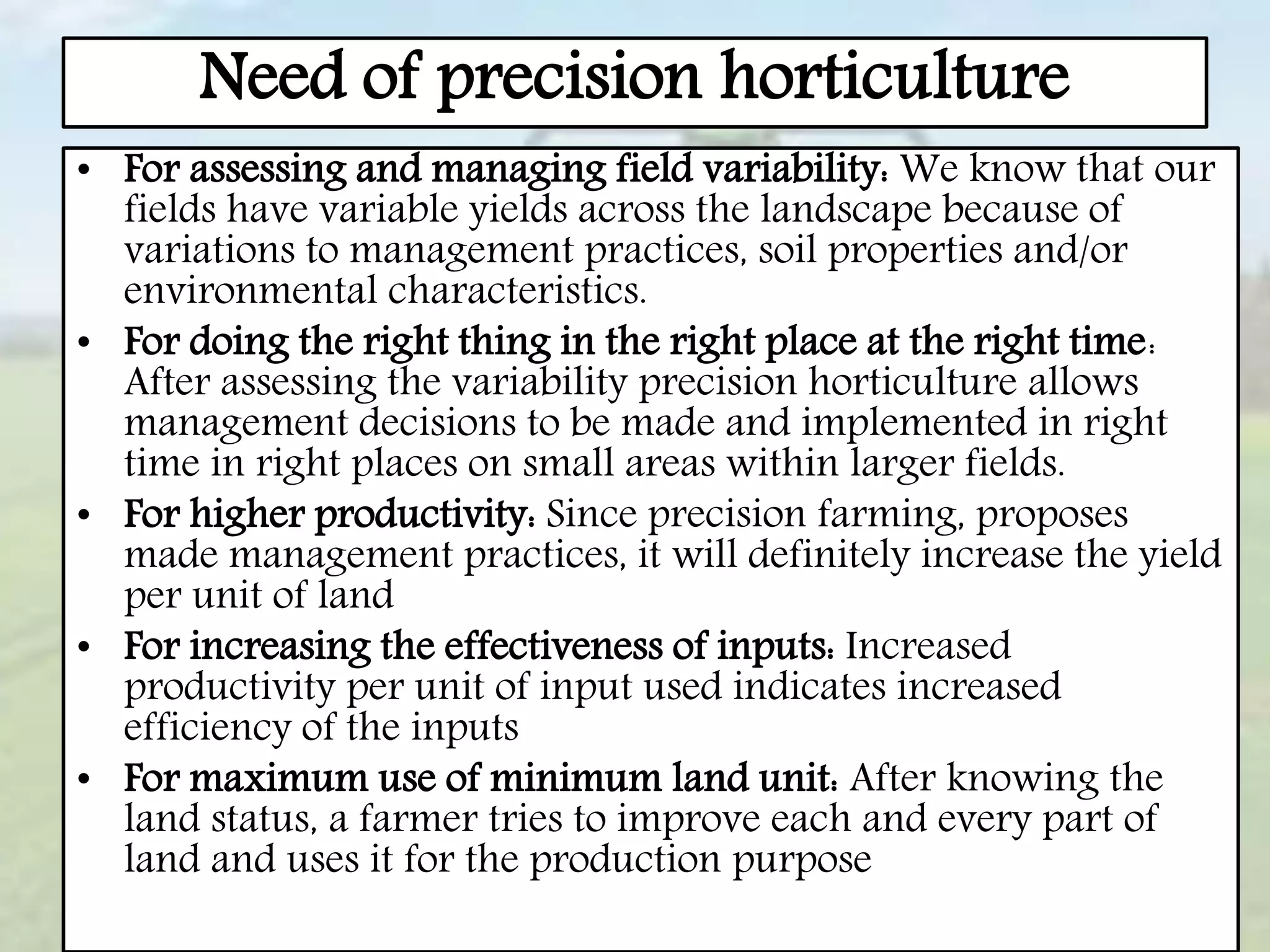 Scope and importance, principles and concepts of precision horticulture ...