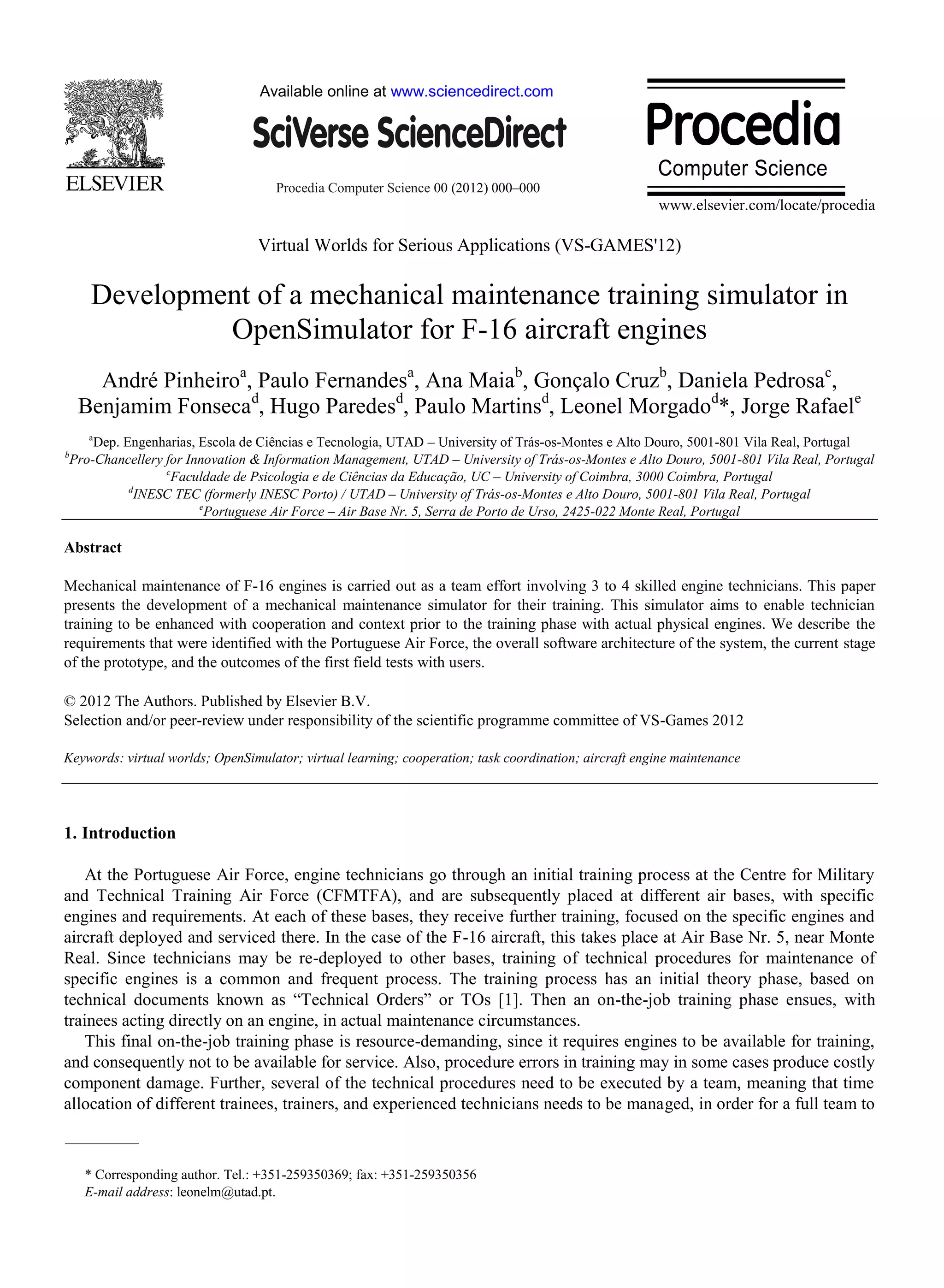 Development of a mechanical maintenance training simulator in OpenSimulator for F-16 aircraft ...