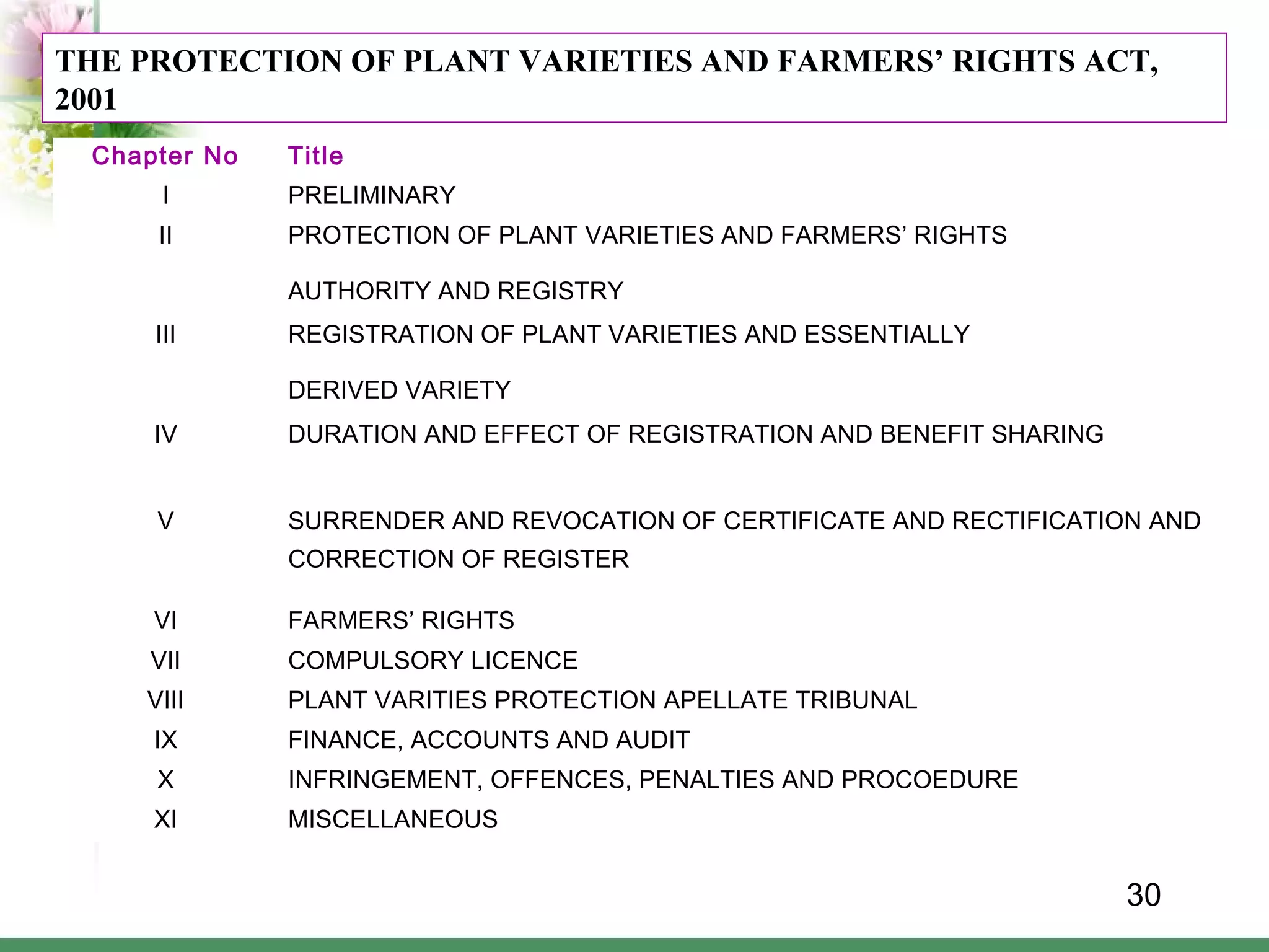 THE PROTECTION OF PLANT VARIETIES & FARMER’S ACT, 2001 And THE PPV & FR ...