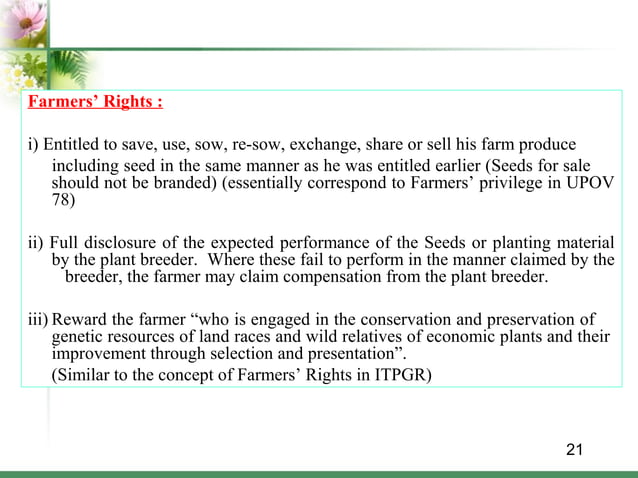 THE PROTECTION OF PLANT VARIETIES & FARMER’S ACT, 2001 And THE PPV & FR ...