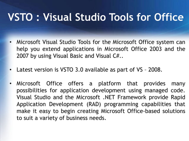 Presentation on Visual Studio Tools for Office (VSTO) at HyderabadTechies | PPT
