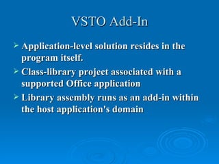 Vsto 3 Excel Add-in SNUG | PPT | Desktop Publishing | Computer Software and Applications
