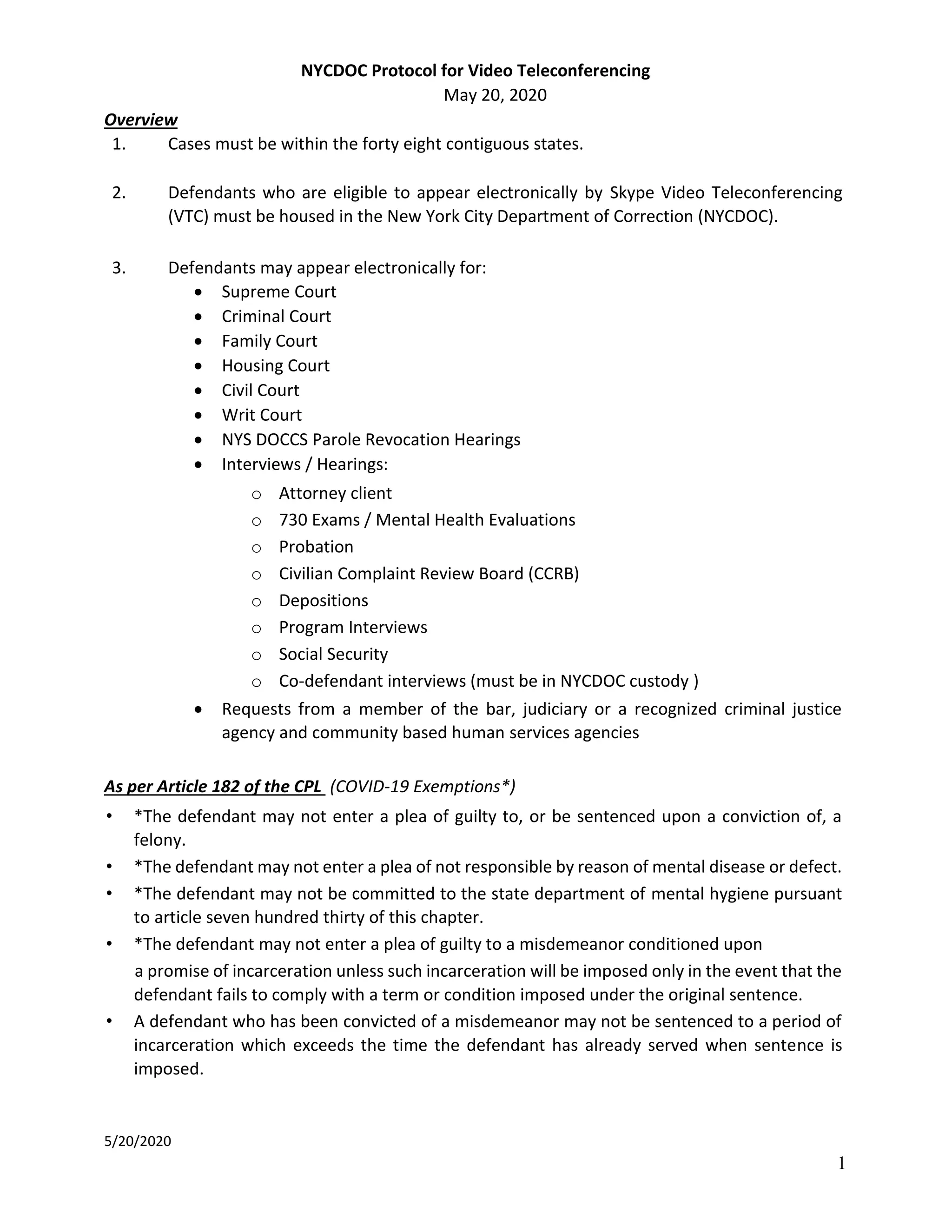 NYDOC Protocol For VideoConfering Inmates | PDF