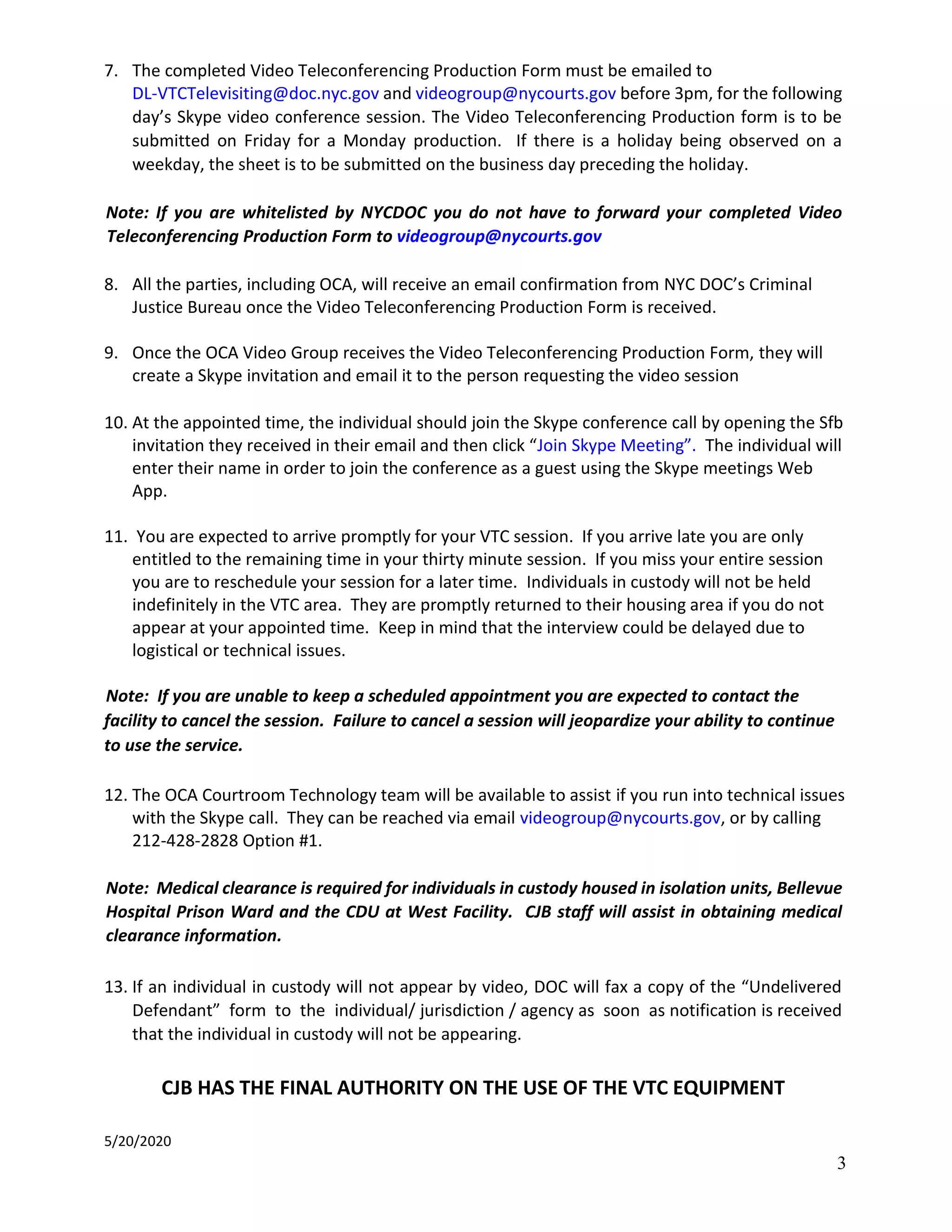 NYDOC Protocol For VideoConfering Inmates | PDF