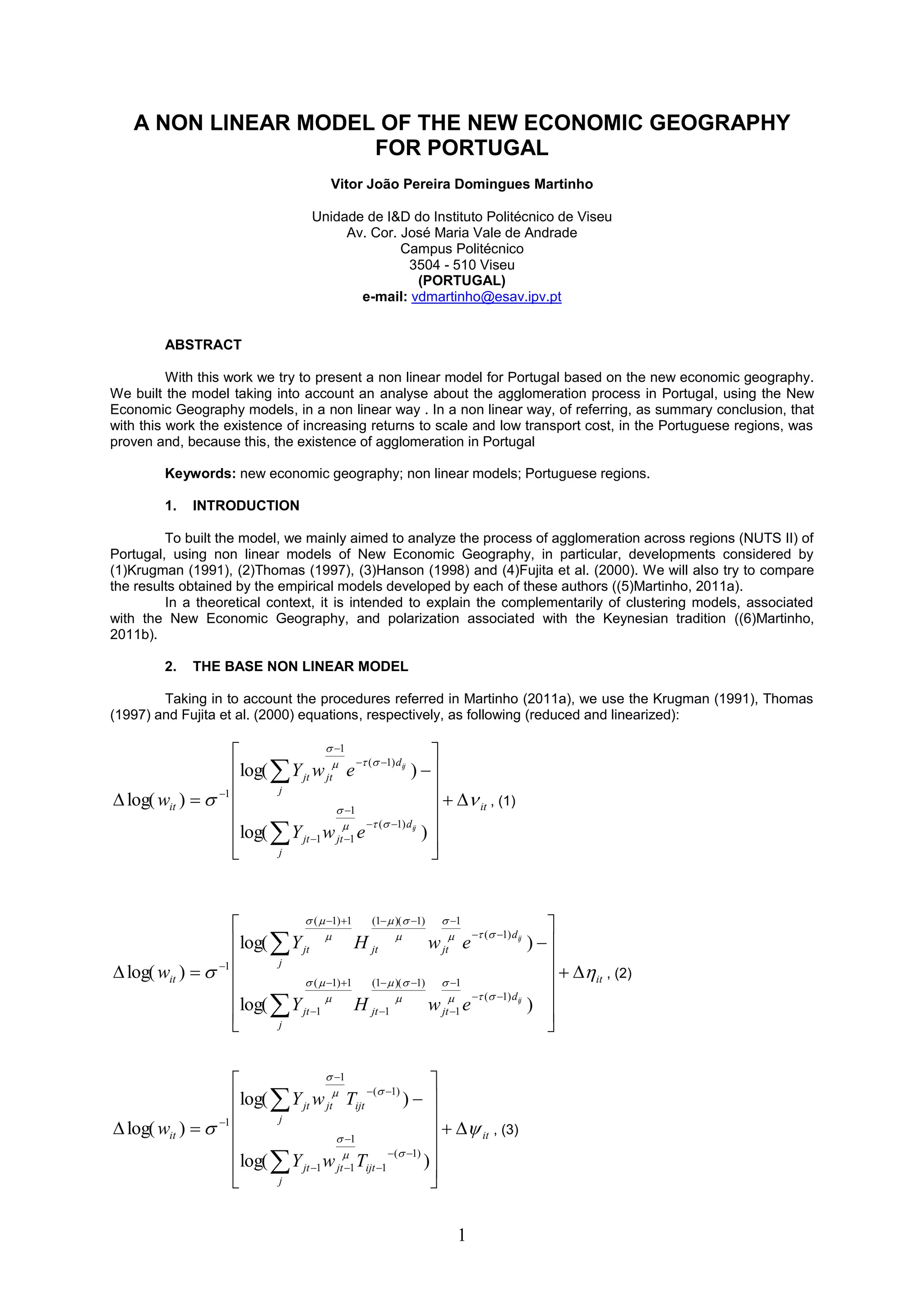 A NON LINEAR MODEL OF THE NEW ECONOMIC GEOGRAPHY | PDF