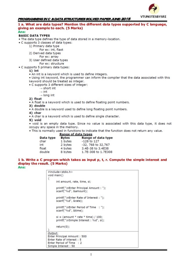 VTU 1ST SEM PROGRAMMING IN C & DATA STRUCTURES SOLVED PAPERS OF JUNE…