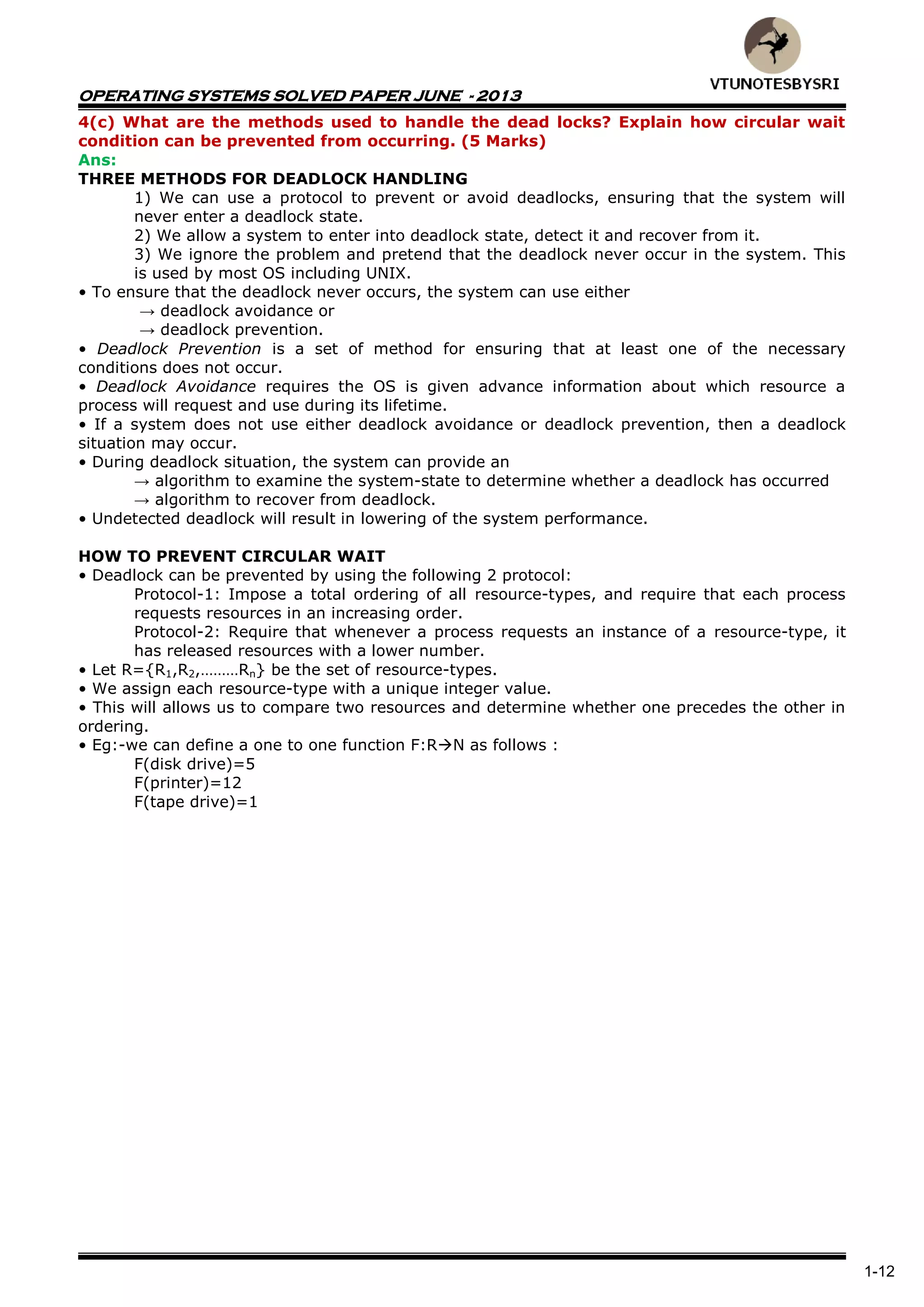 VTU 5TH SEM CSE OPERATING SYSTEMS SOLVED PAPERS | PDF