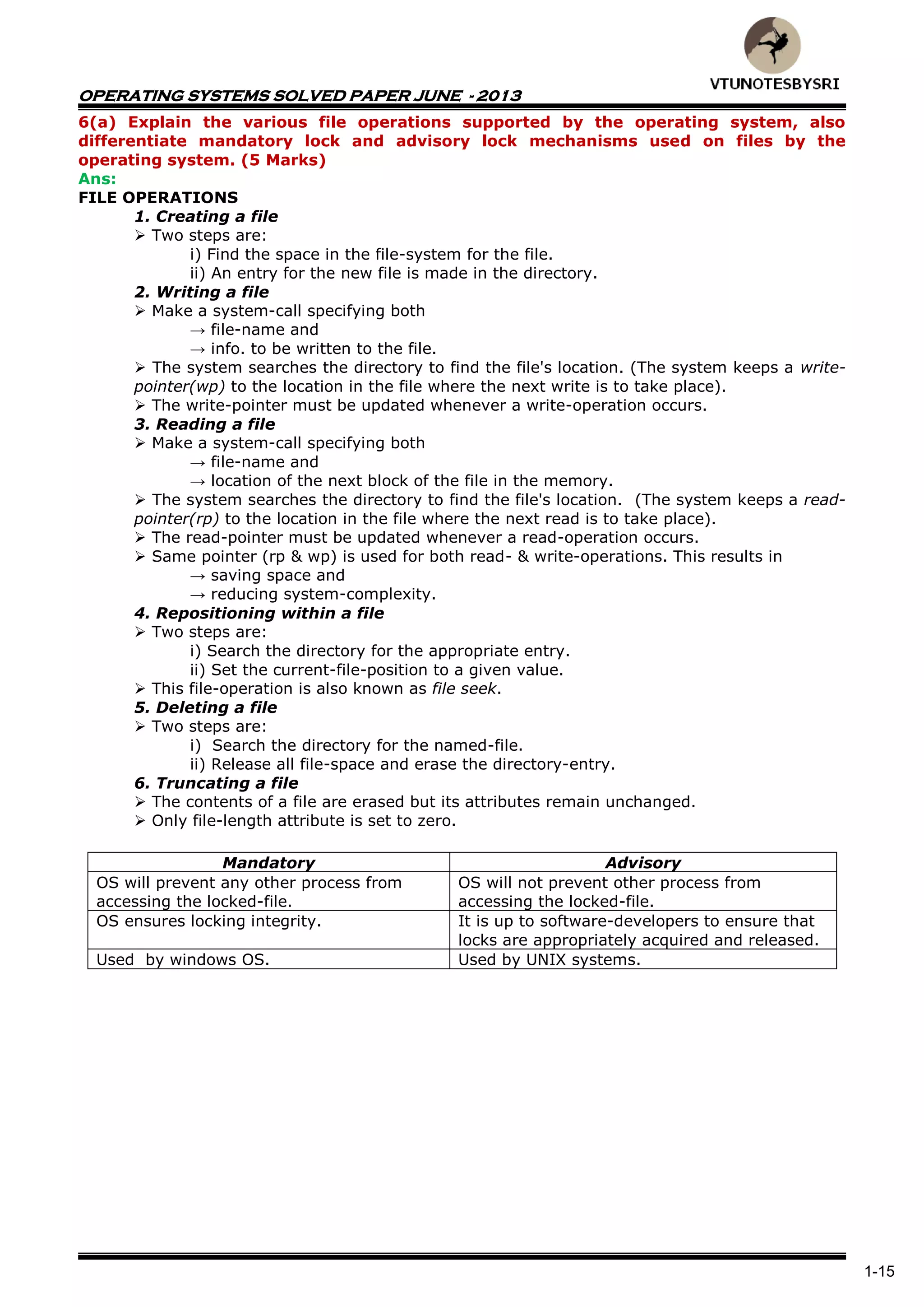 VTU 5TH SEM CSE OPERATING SYSTEMS SOLVED PAPERS | PDF