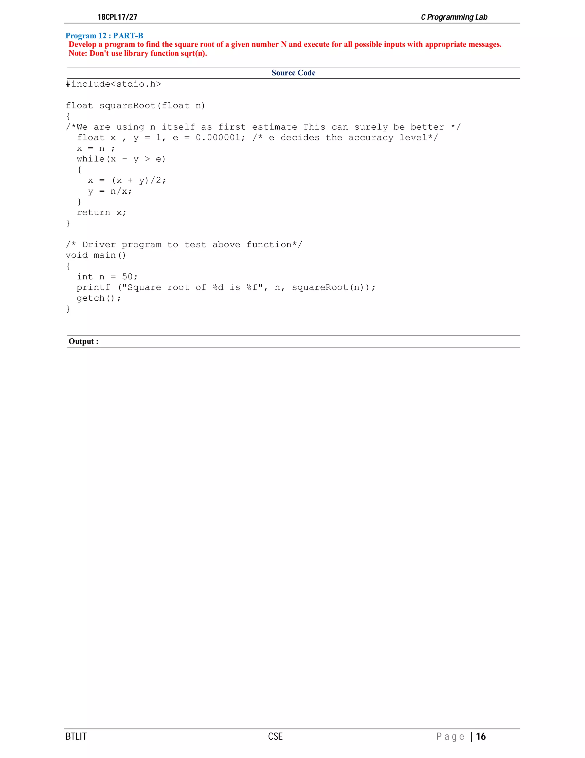 C Programming Lab manual 18CPL17 | PDF