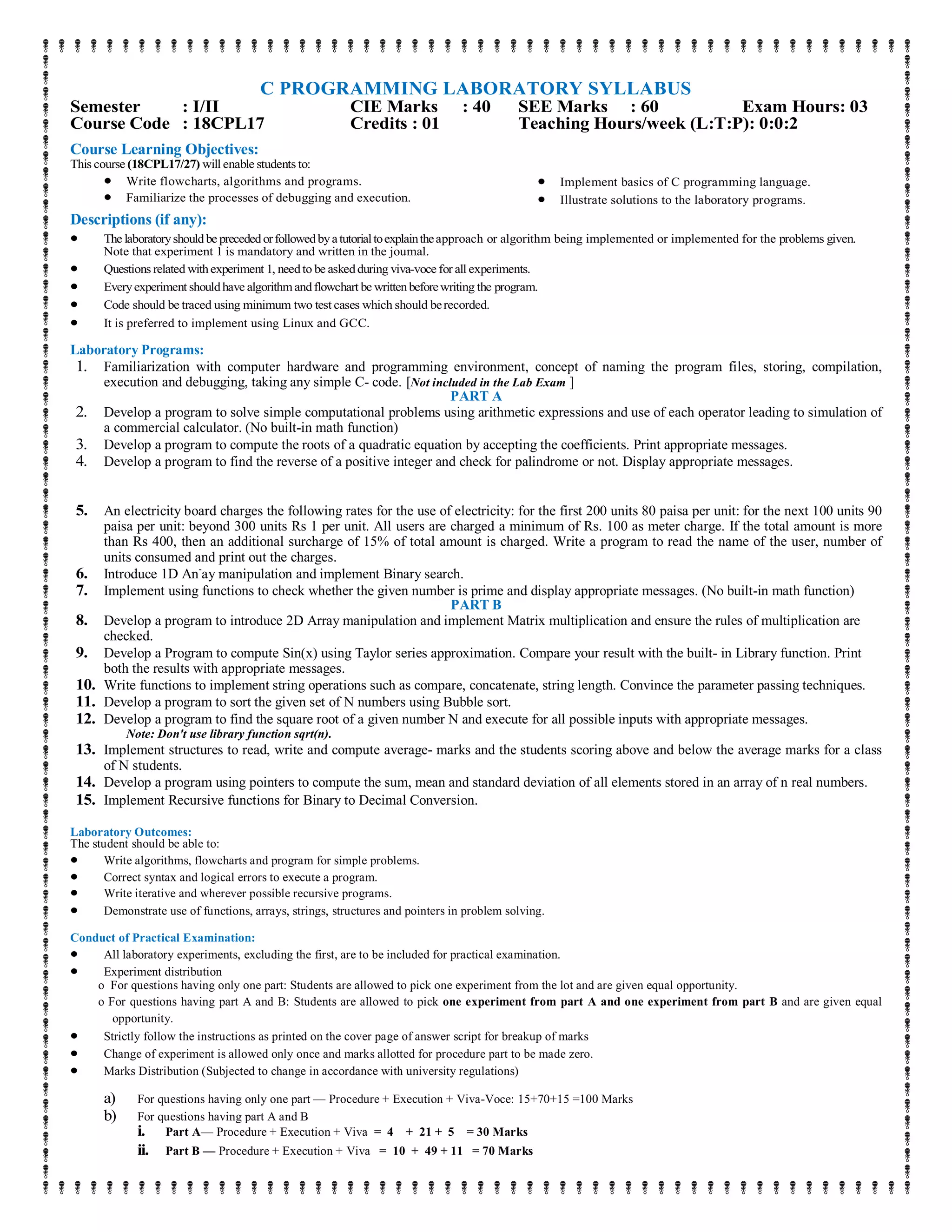 C Programming Lab manual 18CPL17 | PDF