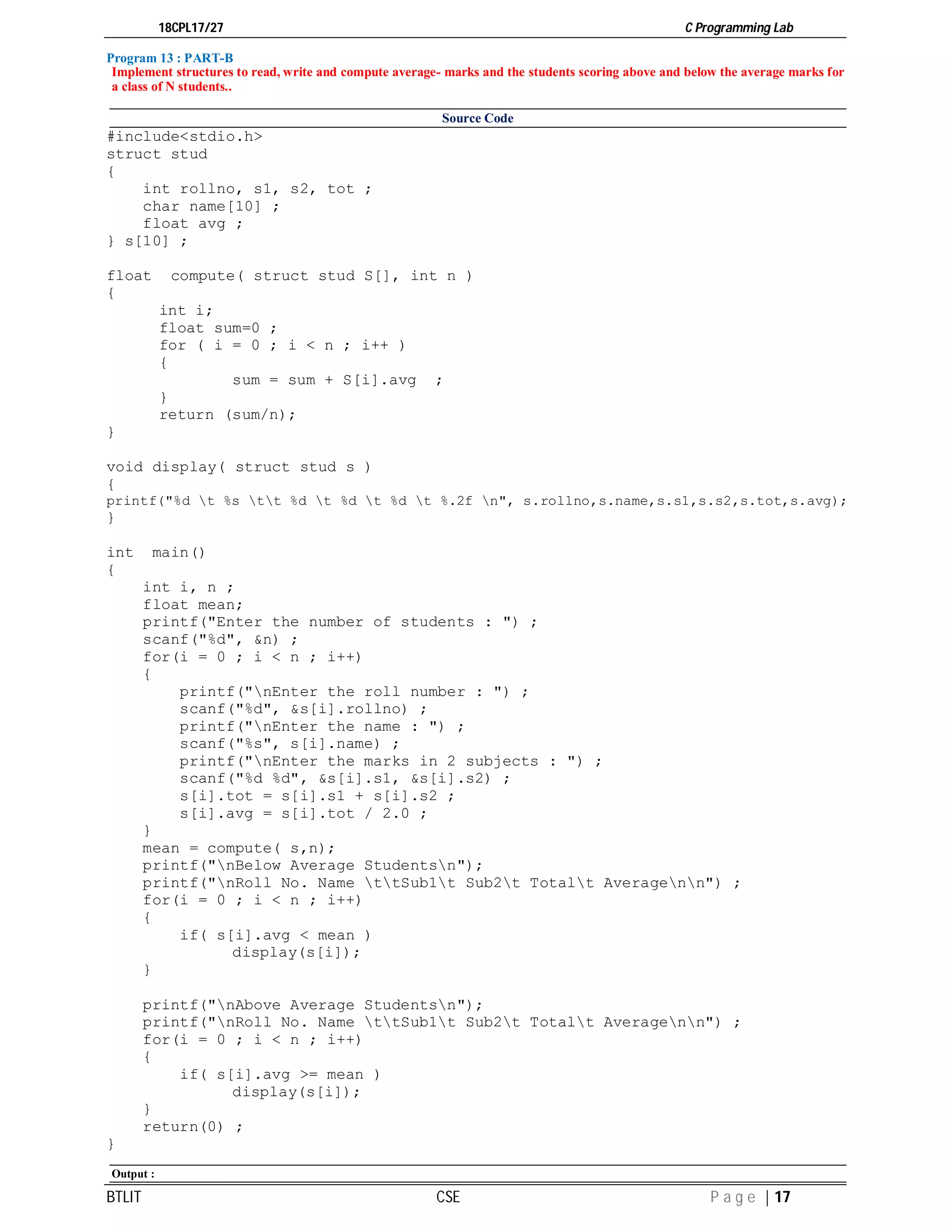 C Programming Lab Manual 18cpl17 Pdf Programming Languages Computing