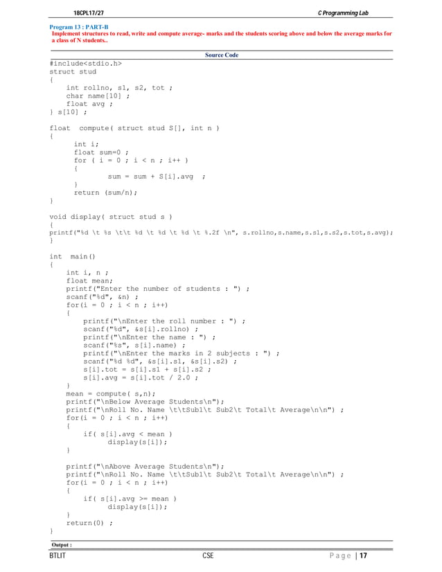 C Programming Lab manual 18CPL17 | PDF | Programming Languages | Computing