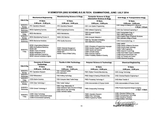 VTU exam time table june : july 2014 | PDF | Education