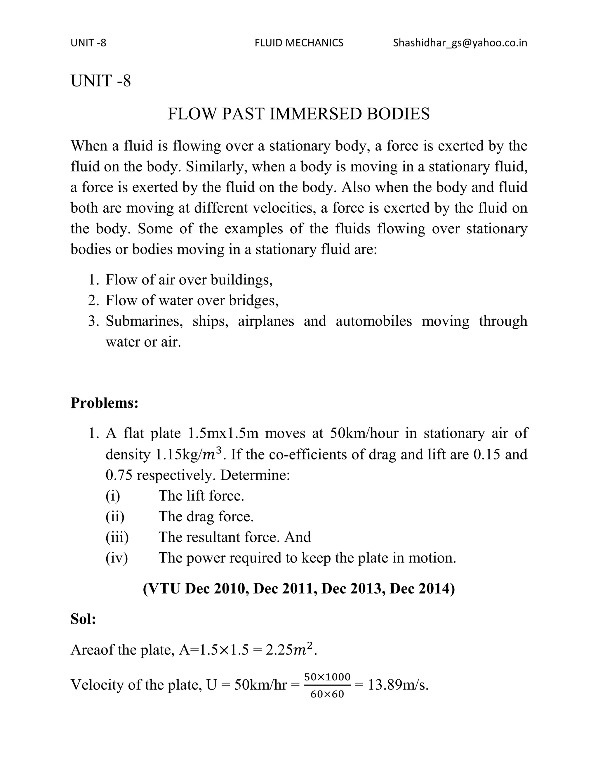 Vtu fluid mechanics unit-8 flow past immersed bodies problems | PDF