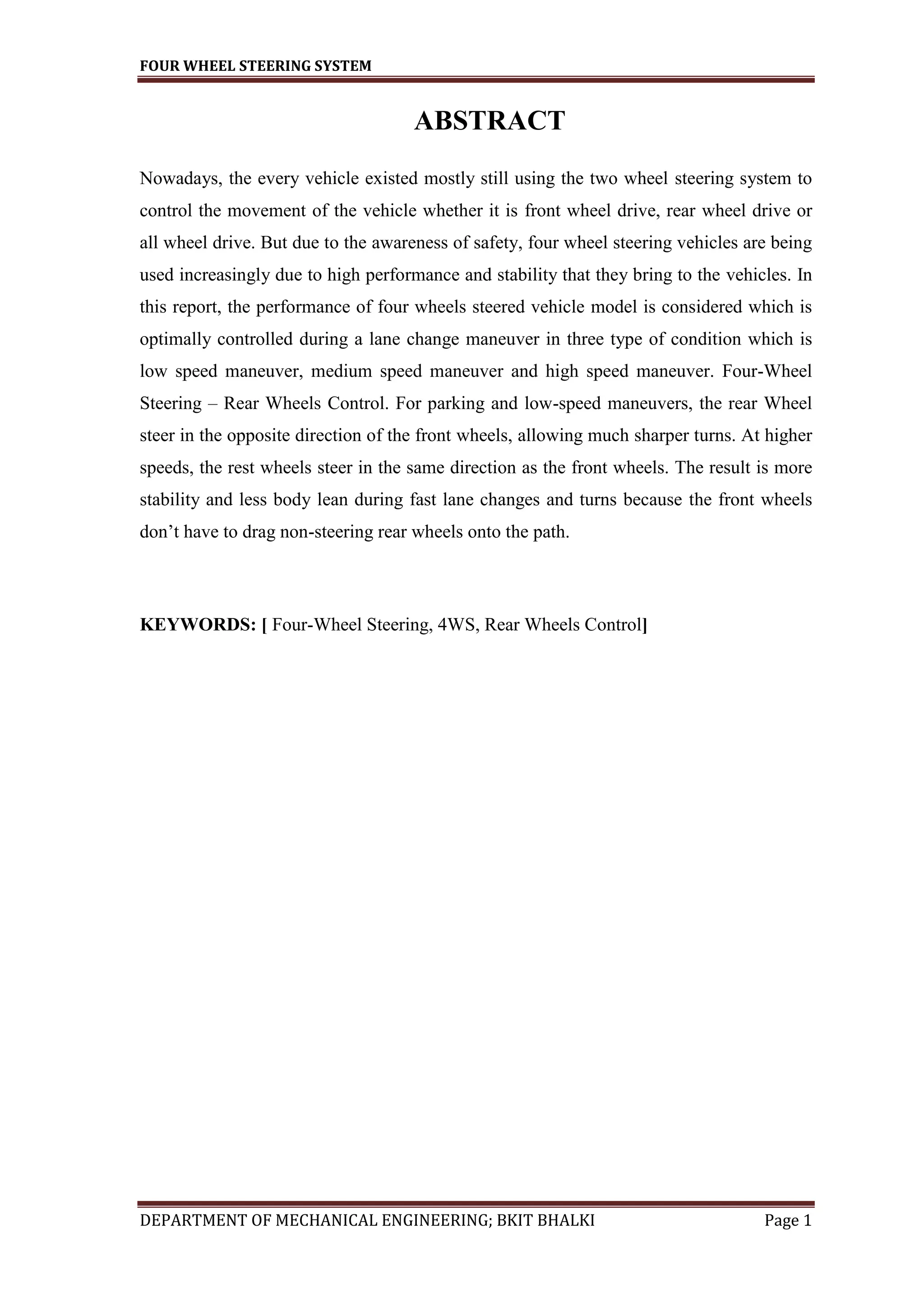 Vtu phase 1 report on four wheel steerinfg system2 | PDF