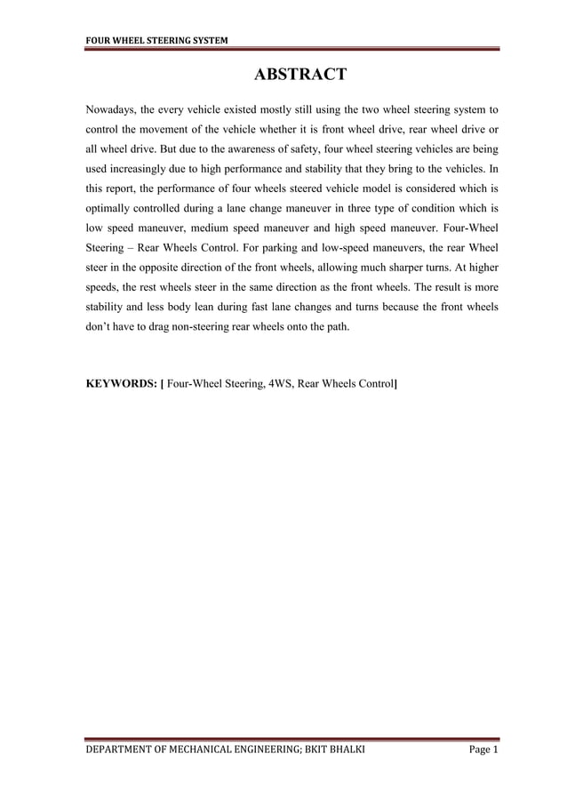 Vtu phase 1 report on four wheel steerinfg system2 | PDF | Performance ...