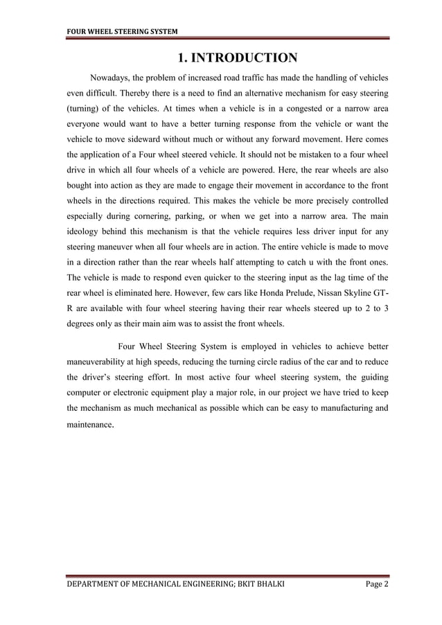 Vtu phase 1 report on four wheel steerinfg system2 | PDF | Performance Cars | Auto Type