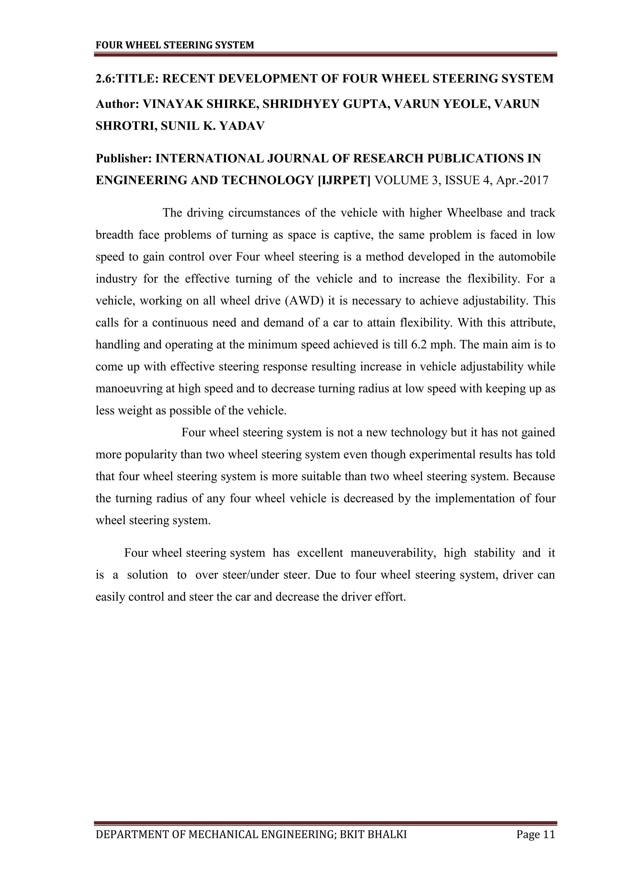 Vtu phase 1 report on four wheel steerinfg system | PDF