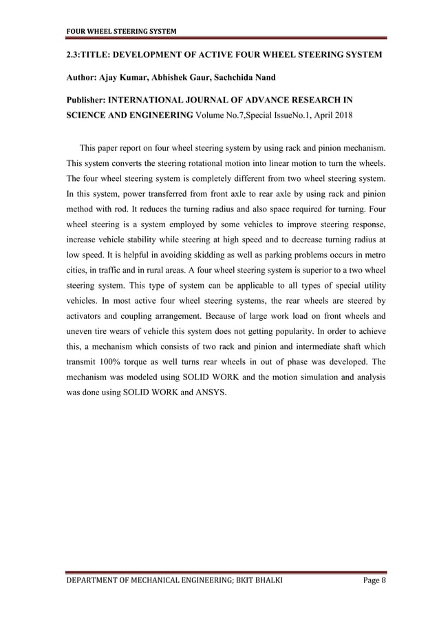 Vtu phase 1 report on four wheel steerinfg system | PDF
