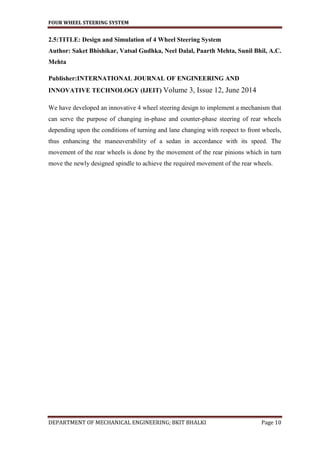 Vtu phase 1 report on four wheel steerinfg system | PDF