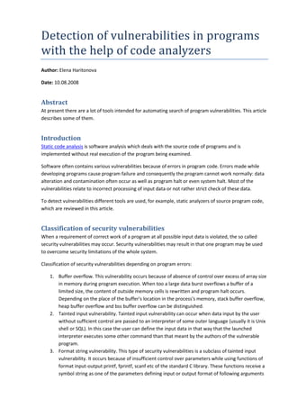 Detection of vulnerabilities in programs with the help of code analyzers | PDF