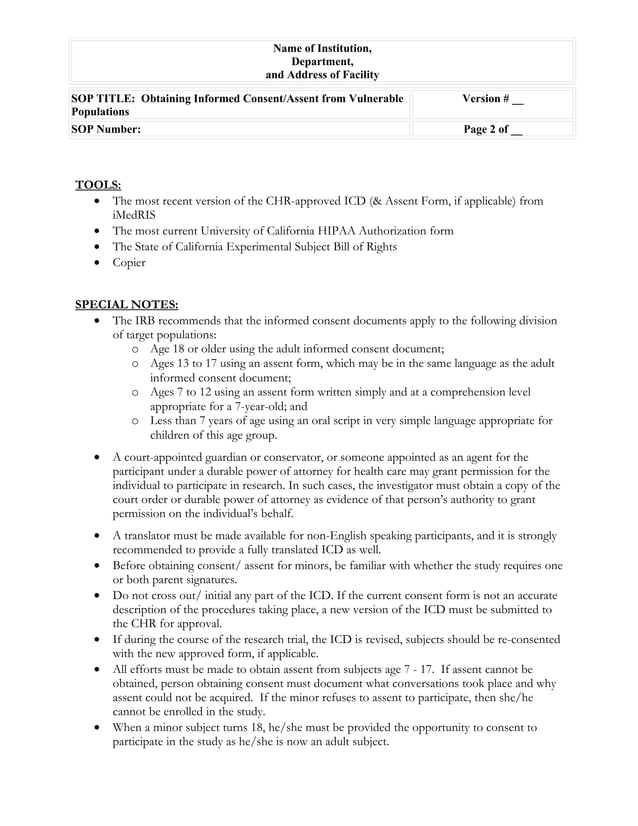 SOP - Vulnerable Populations Consent: Developing Effective Standard ...