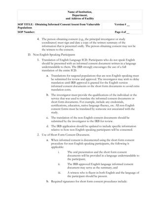 SOP - Vulnerable Populations Consent: Developing Effective Standard ...