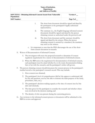 SOP - Vulnerable Populations Consent: Developing Effective Standard ...