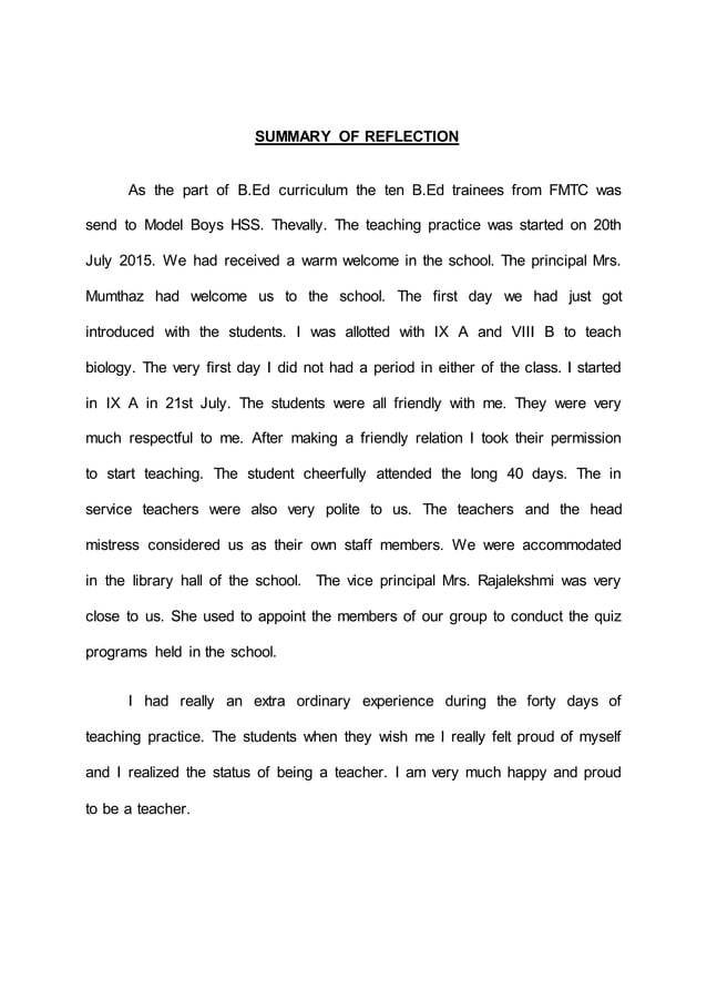 Summary of reflection | DOCX | Education