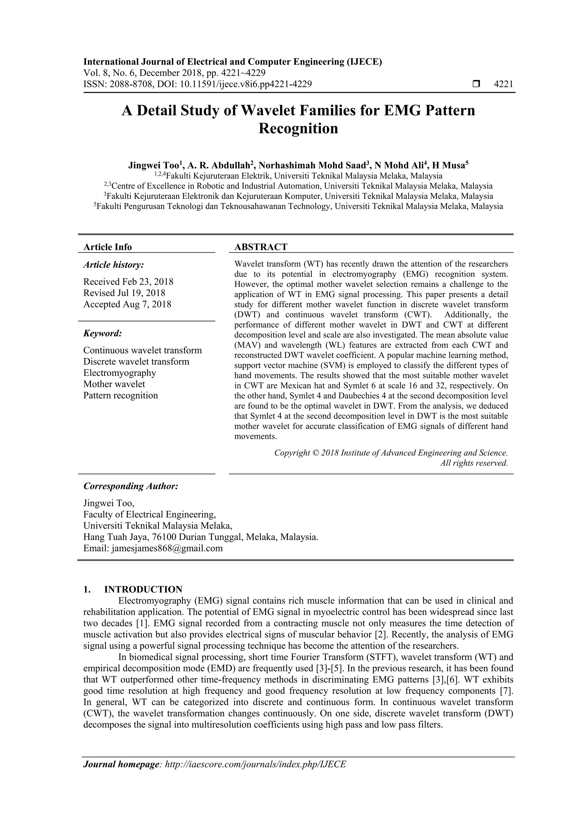 A Detail Study of Wavelet Families for EMG Pattern Recognition | PDF