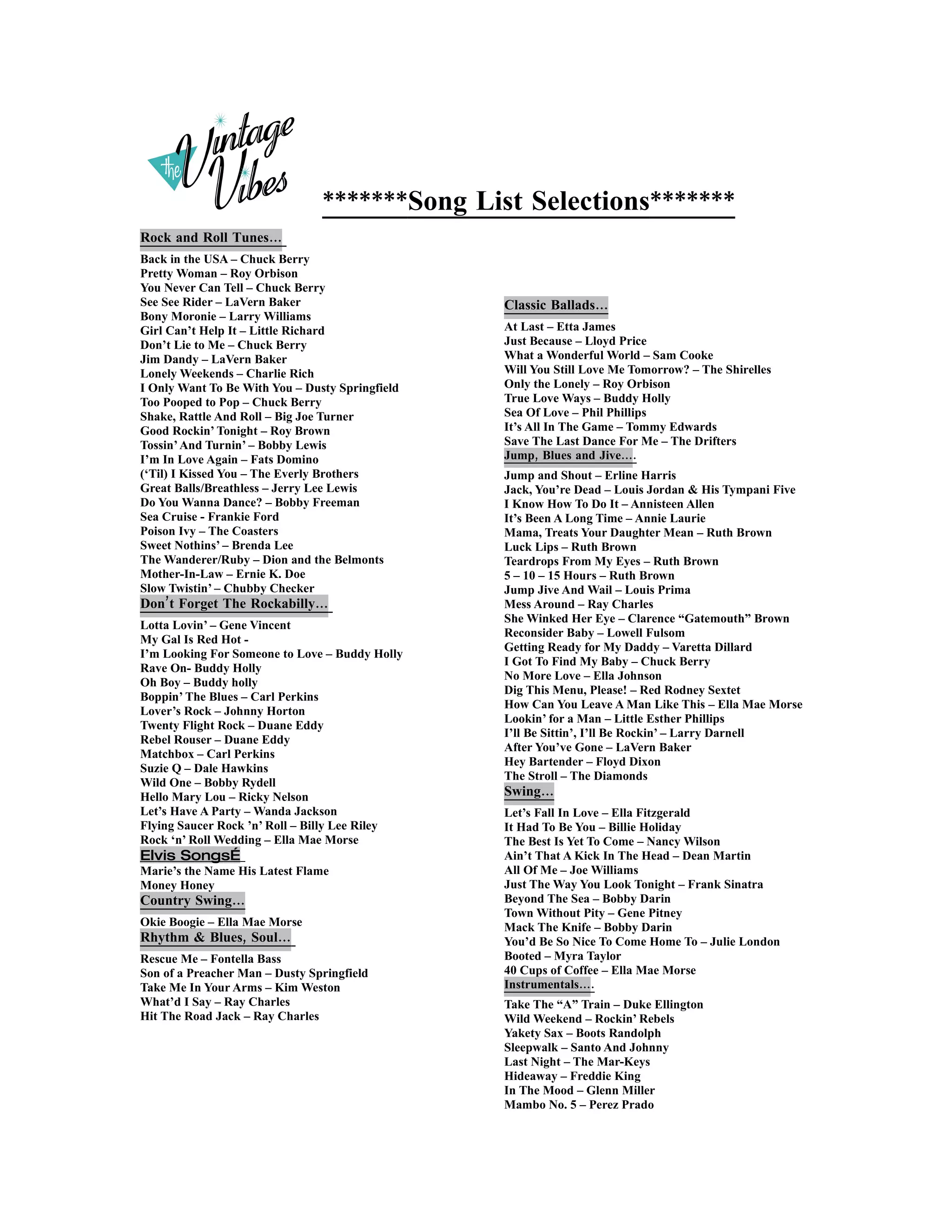 The Vintage Vibes Song List Selections | DOC
