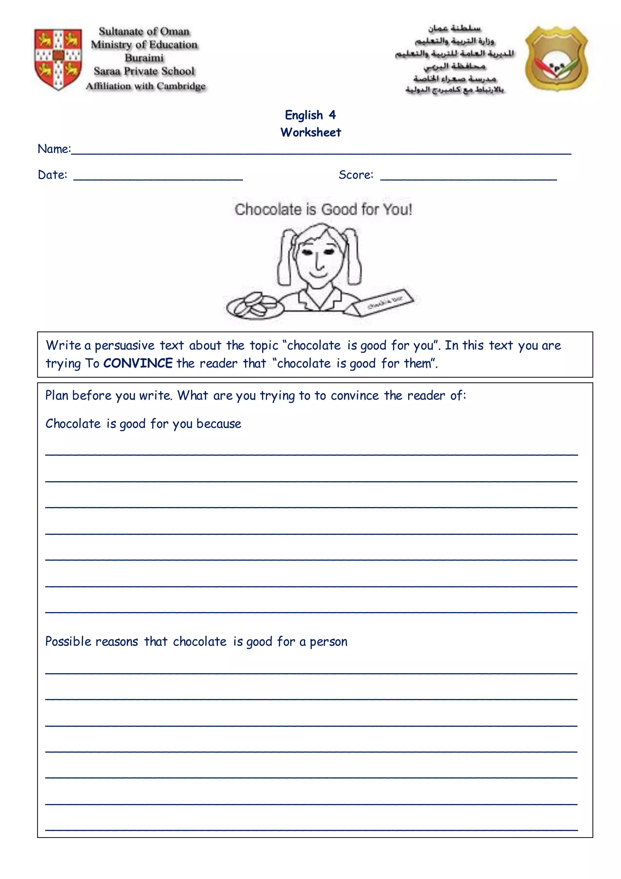 Writing Worksheet: Chocolate is good for you | DOCX