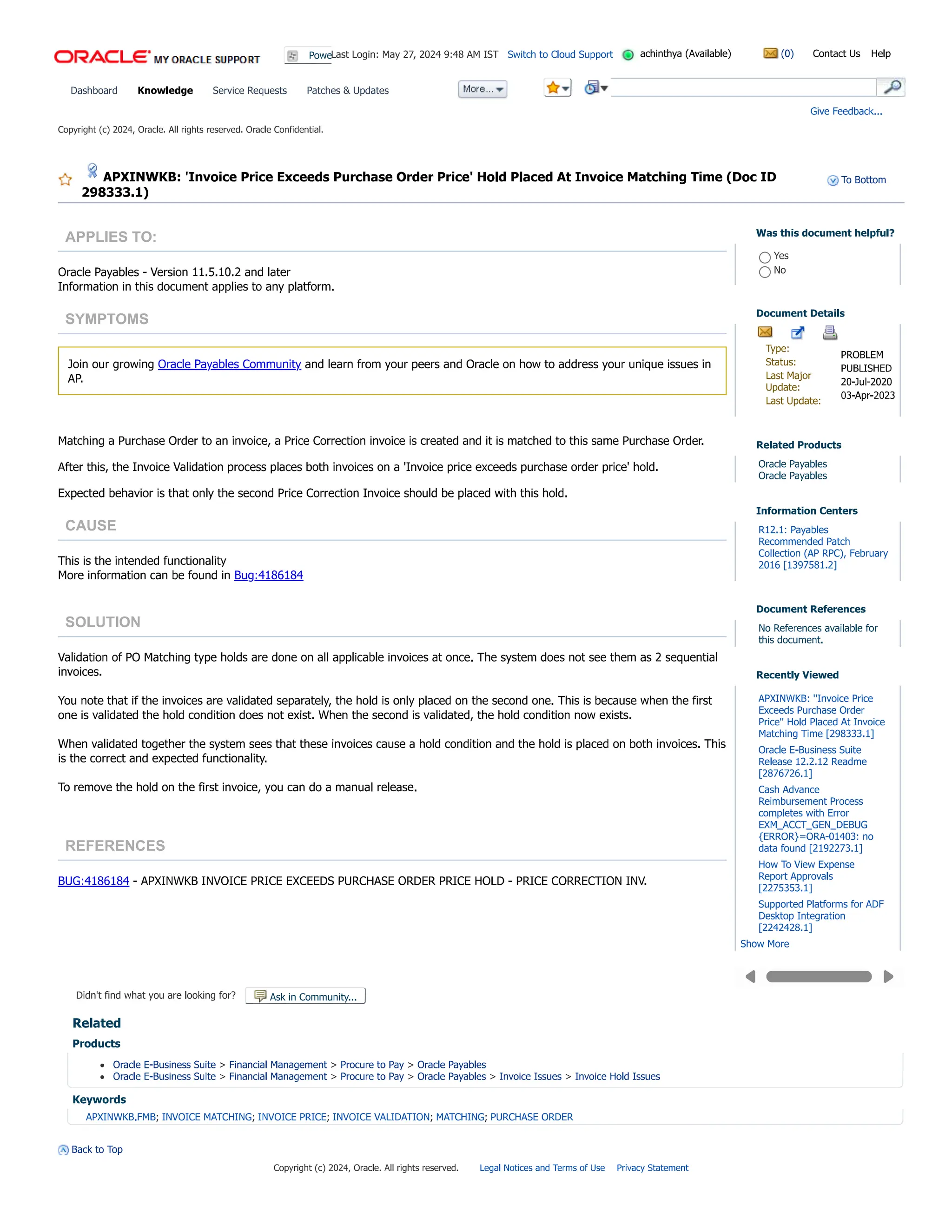 APXINWKB: 'Invoice Price Exceeds Purchase Order Price' Hold Placed At ...