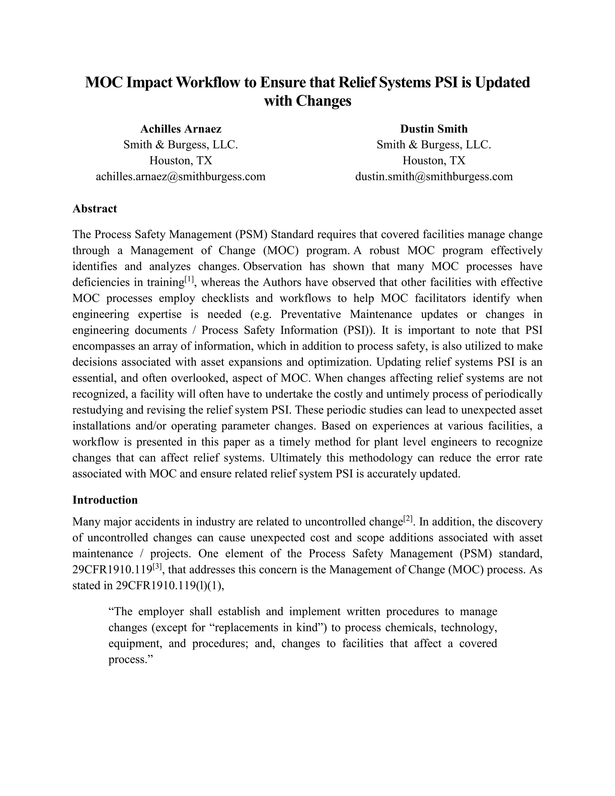 MOC Impact Workflow to Ensure that Relief Systems PSI is Updated with ...