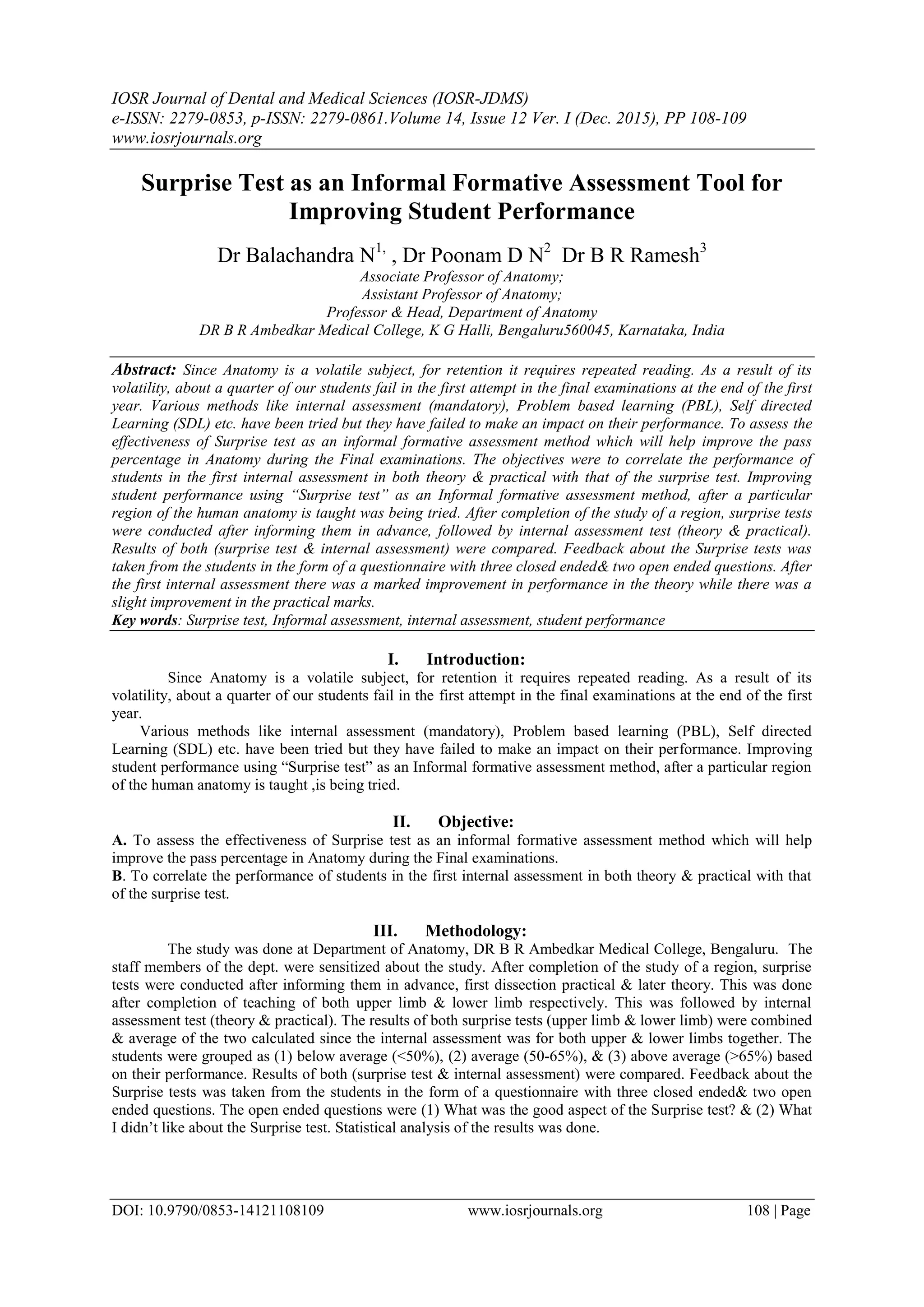 Surprise Test as an Informal Formative Assessment Tool for Improving ...
