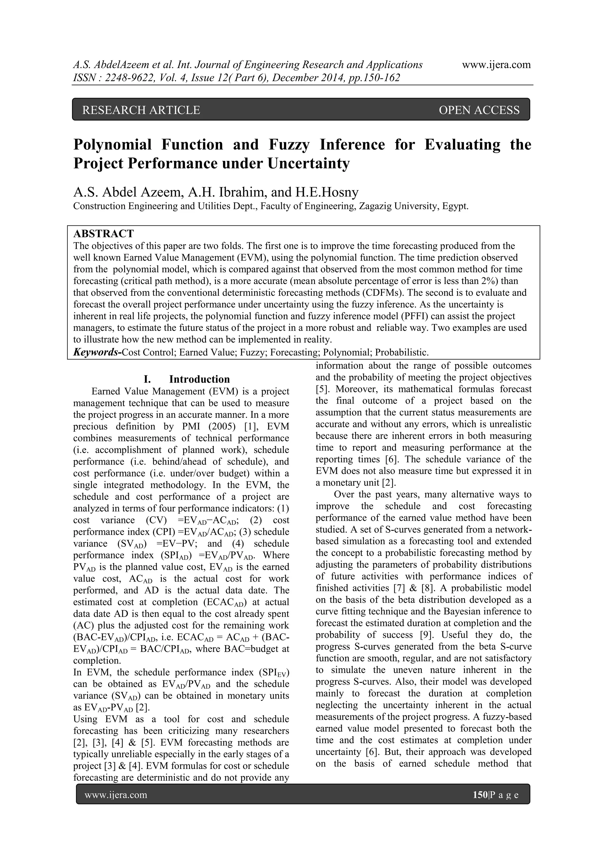 Polynomial Function and Fuzzy Inference for Evaluating the Project Performance under Uncertainty ...