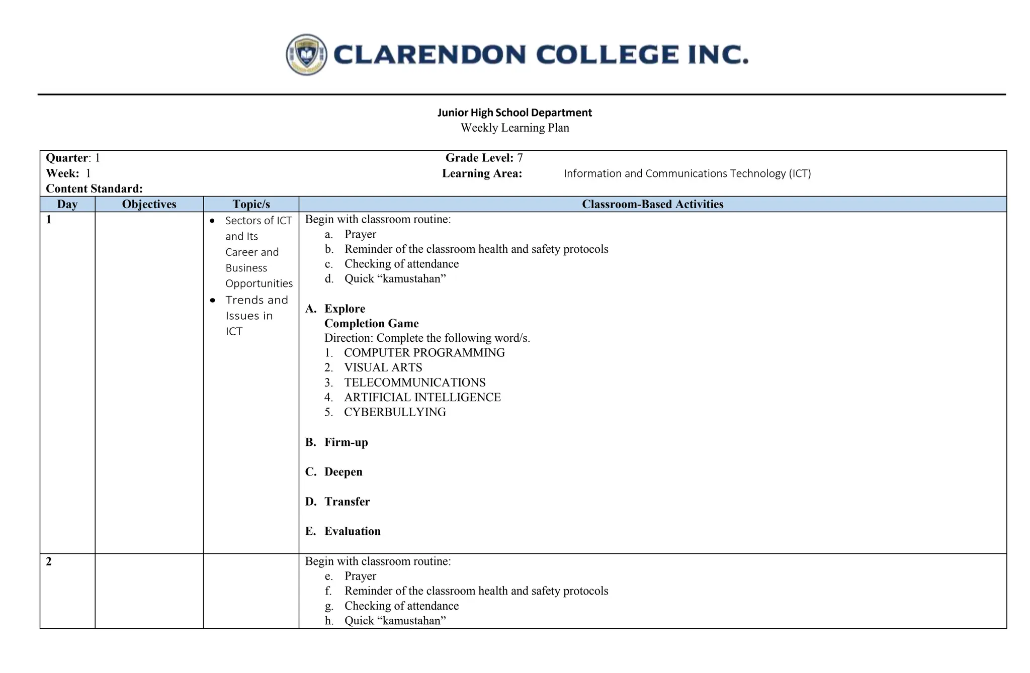 WEEK 1- Information and communications technology (ICT)7- WEEKLY LESSON PLAN | DOCX