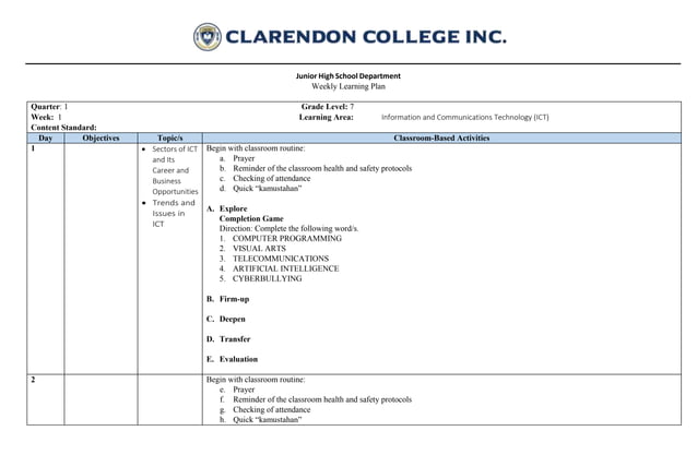 WEEK 1- Information and communications technology (ICT)7- WEEKLY LESSON PLAN | DOCX