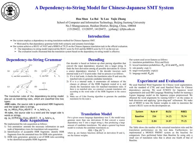 Hua Shan - 2015 - A Dependency-to-String Model for Chinese-Japanese SMT System | PPT